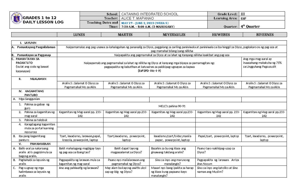 DLL ESP 3 Q4 W5 - Daily Lesson Plan - GRADES 1 to 12 DAILY LESSON LOG ...