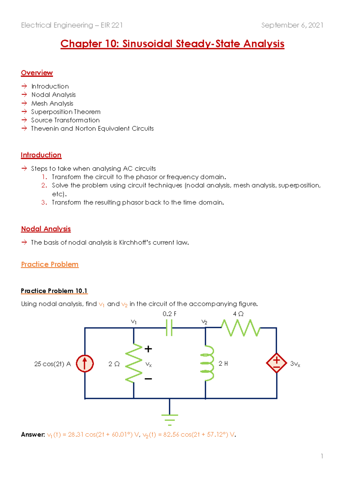 EIR 221 - Chapter 10 Sinusoidal Steady-State Analysis - Chapter 10 : Sinusoidal Steady-State ...