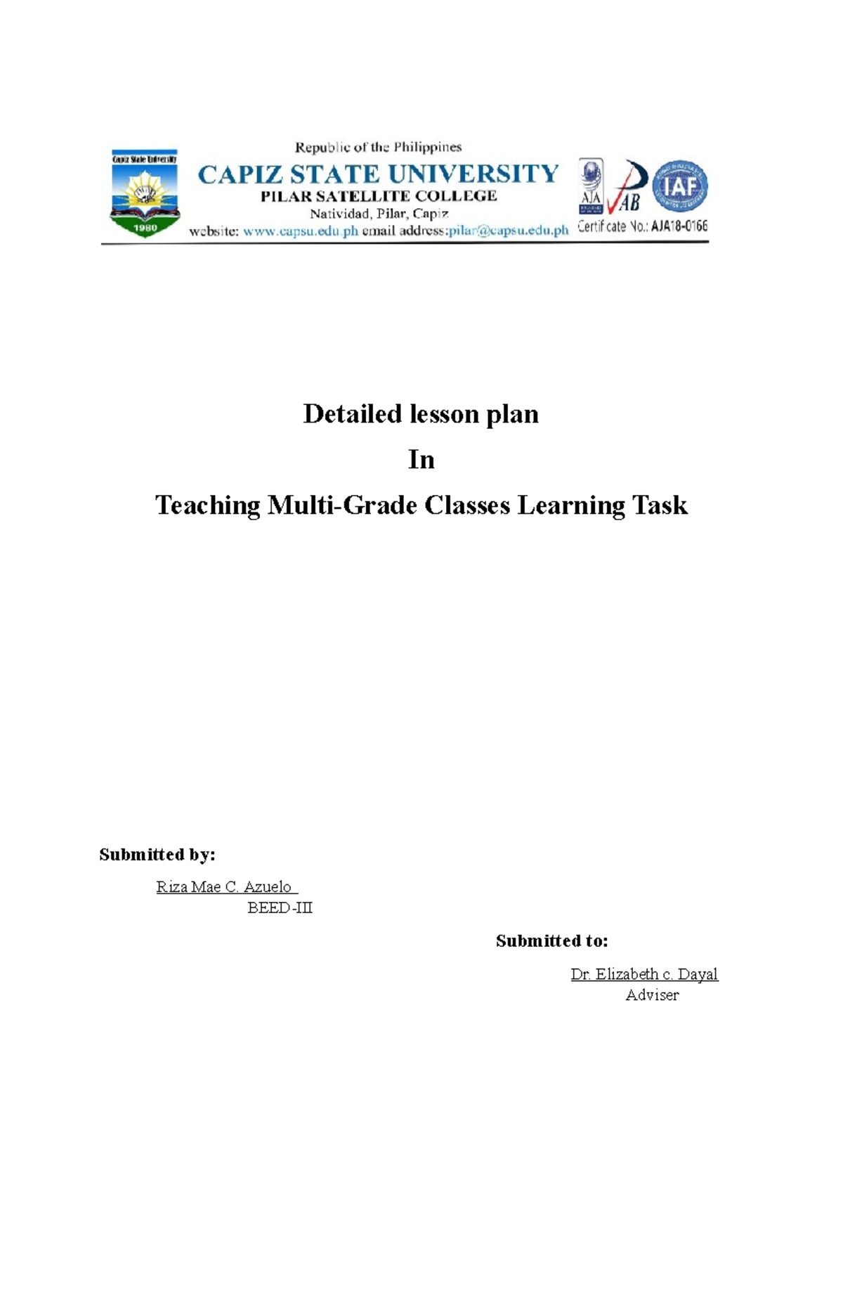 Detailed lesson plan - Detailed lesson plan In Teaching Multi-Grade ...