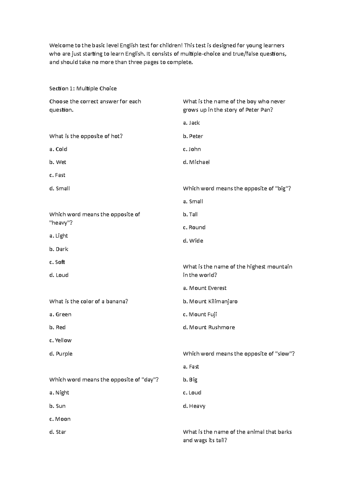 Test English Ingles Welcome To The Basic Level English Test For