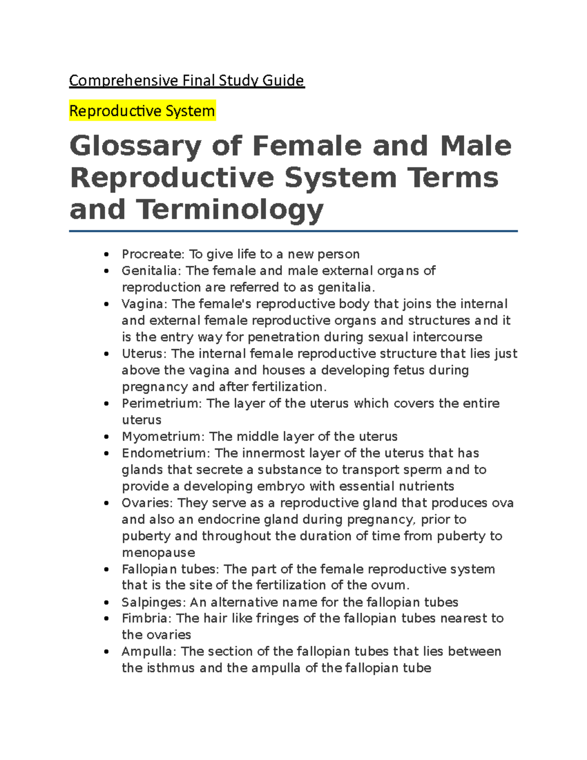 Reproduction - Comprehensive Final Study Guide Reproductive System ...