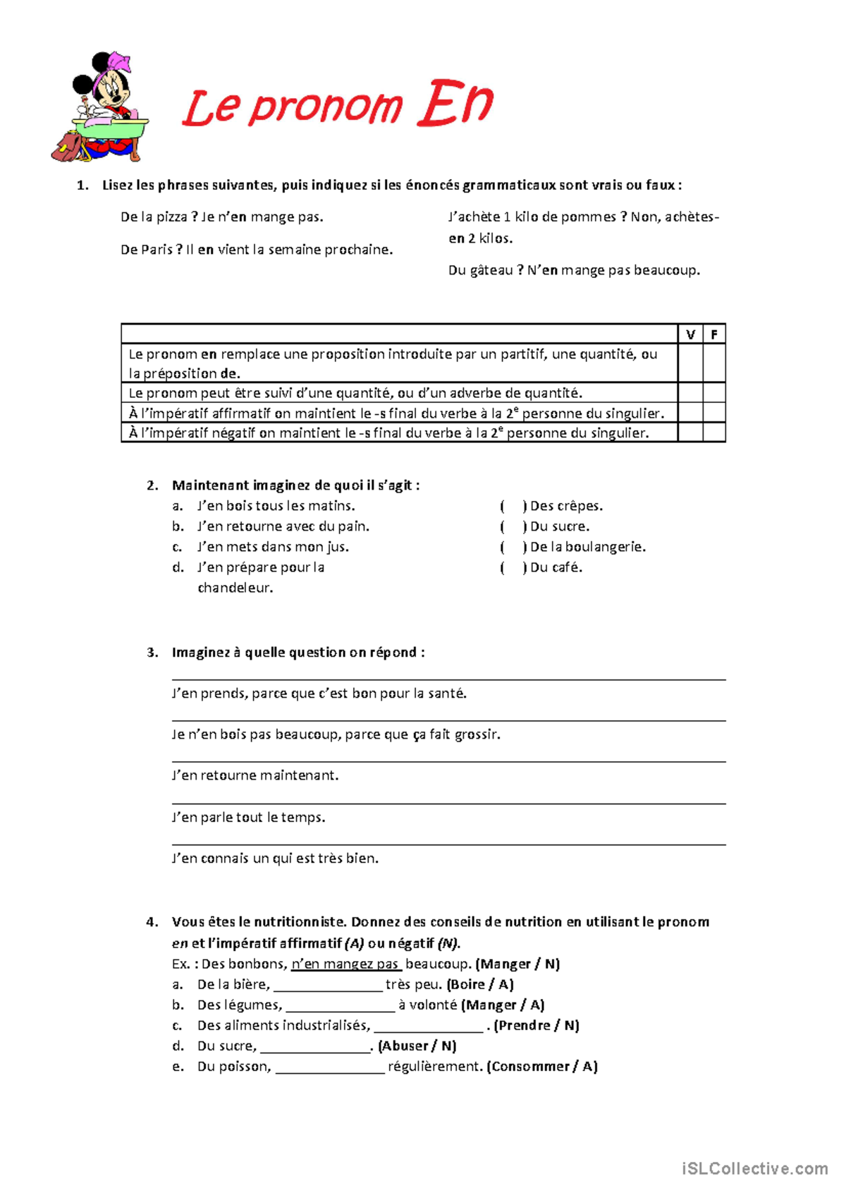 Le pronom EN - Lisez les phrases suivantes, puis indiquez si les ...