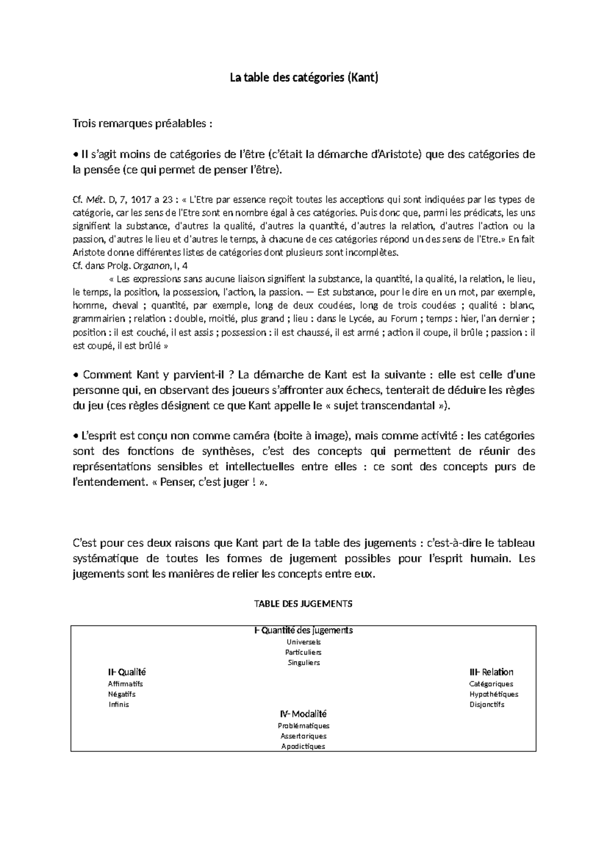 Fiche Kant La table des catégories - La table des catégories (Kant ...