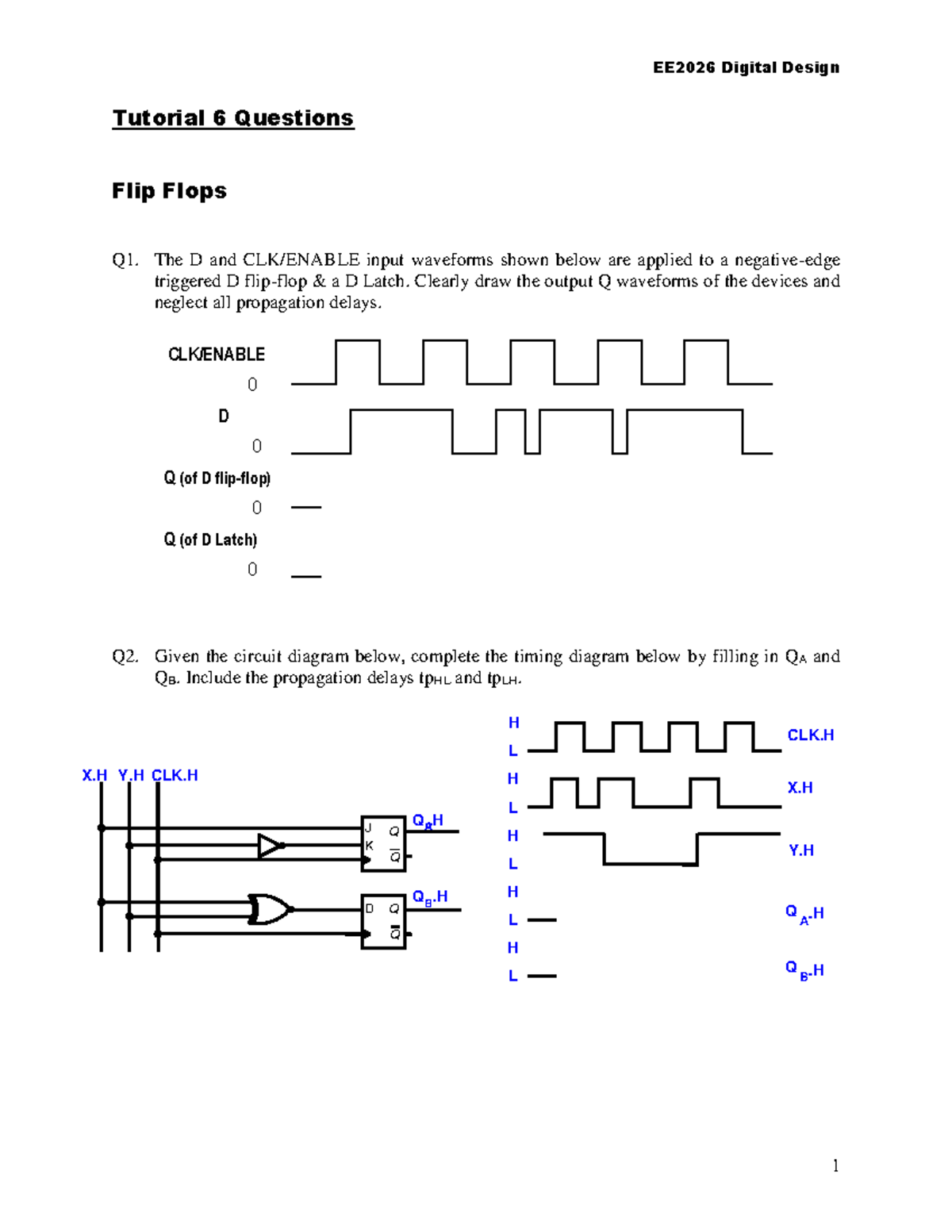 EE2026 Tutorial-6 (wk7) - EE2026 Digital Design 1 Tutorial 6 Questions Flip Flops Q1. The D and ...