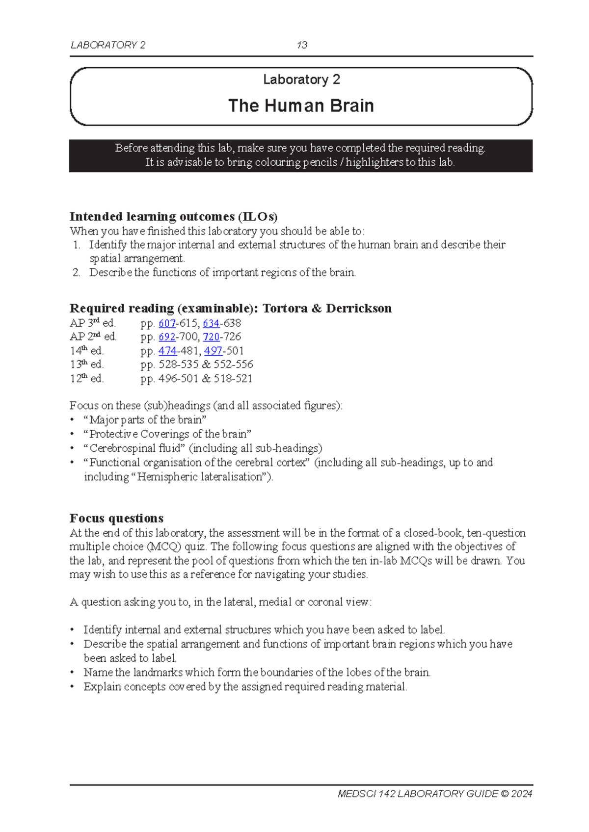 2024- Medsci-142-Lab-02-Brain - Laboratory 2 The Human Brain Intended learning outcomes (ILOs ...