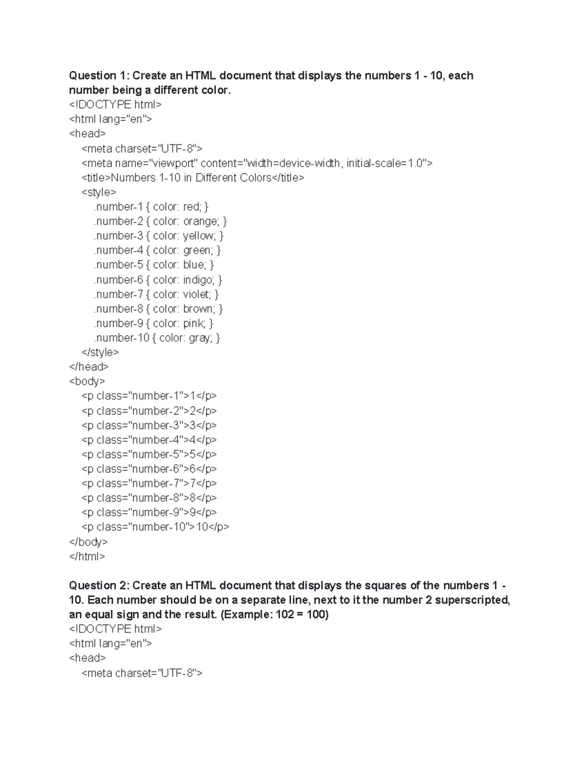 Programming Assignment Unit 3 - Question 1: Create an HTML document that displays the numbers 1 ...