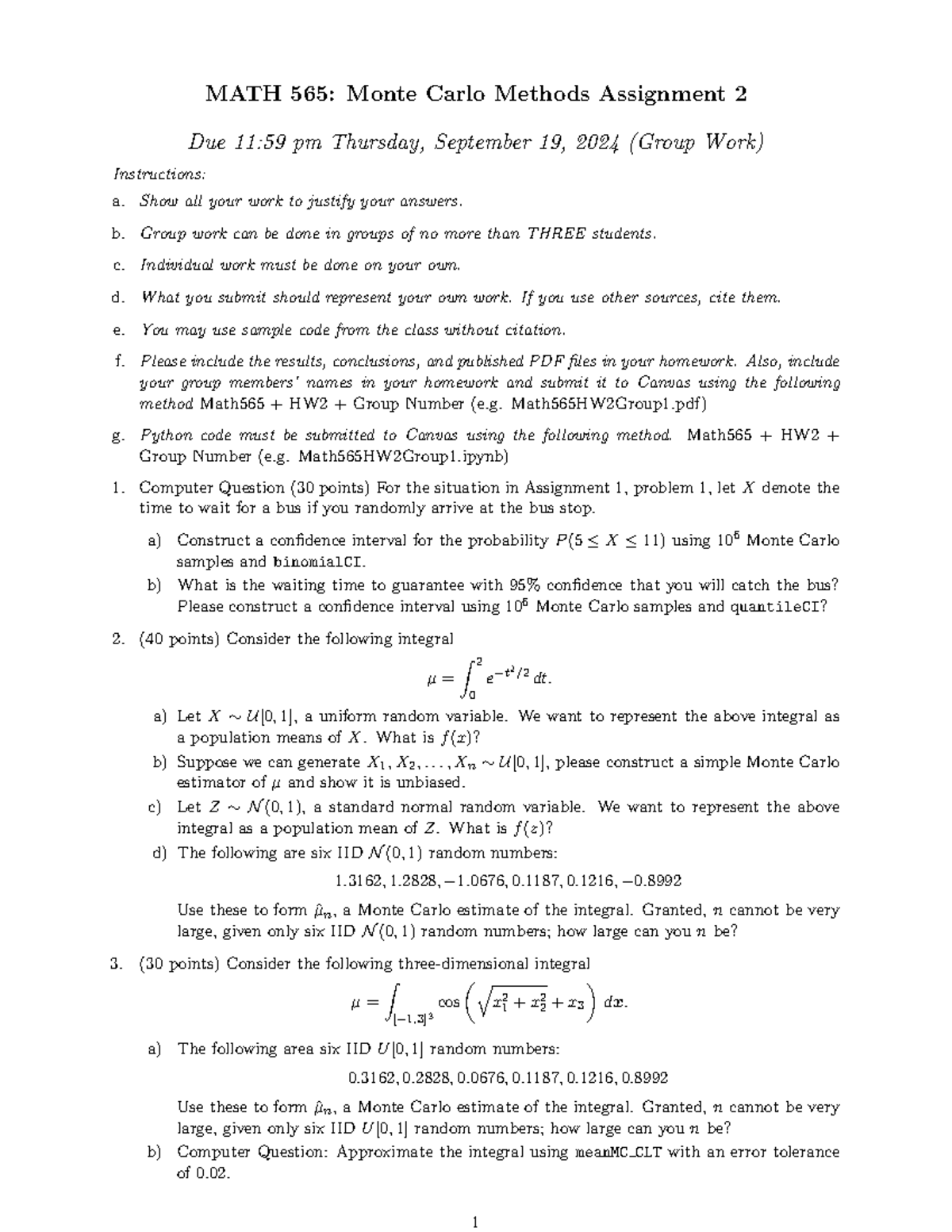 MATH565HW2-1 - Assignment 2 - MATH 565: Monte Carlo Methods Assignment 2 Due 11:59 pm Thursday ...