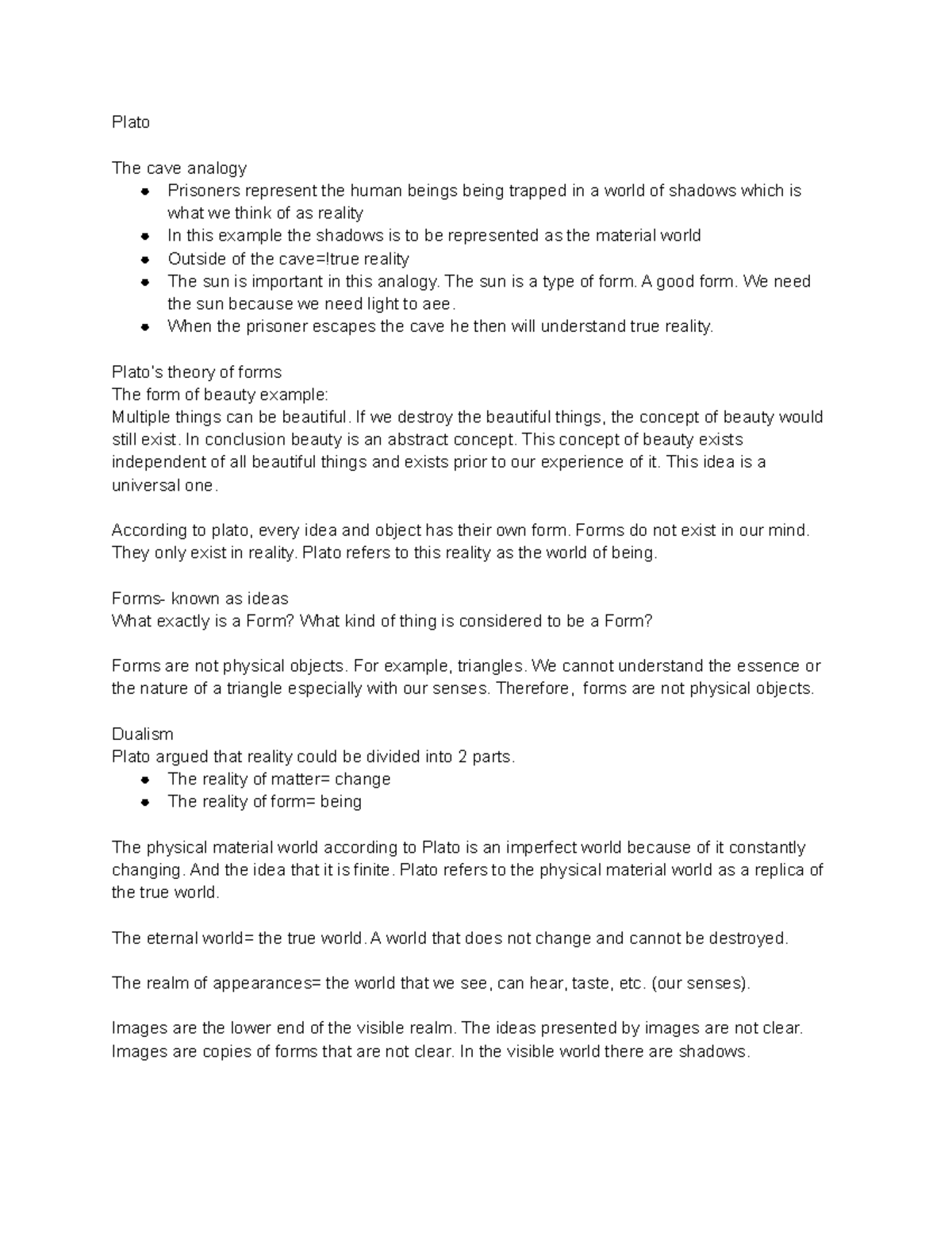 Metaphysics plato notes - Plato The cave analogy Prisoners represent ...