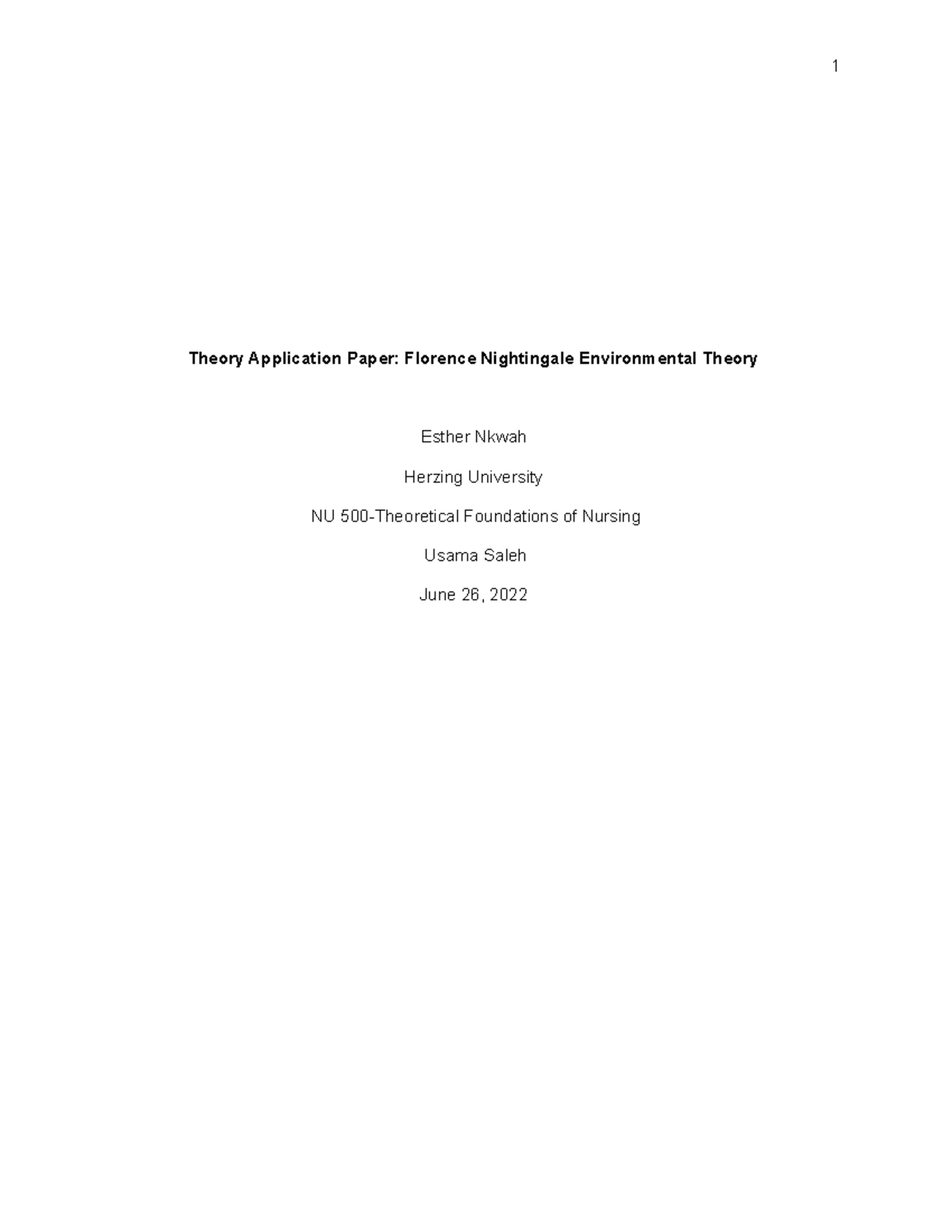 Theory Application Paper Florence Nightingale Environmental Theory ...