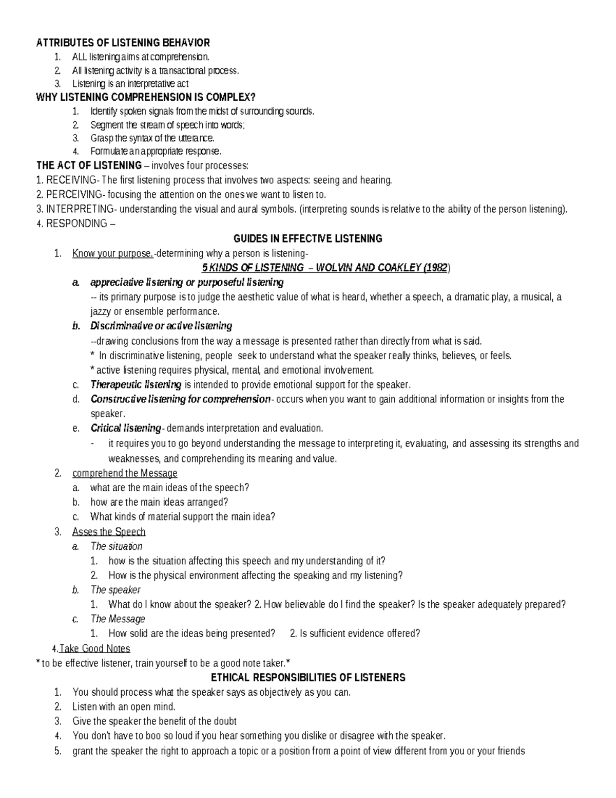 Listening lecture note - ATTRIBUTES OF LISTENING BEHAVIOR 1. ALL ...