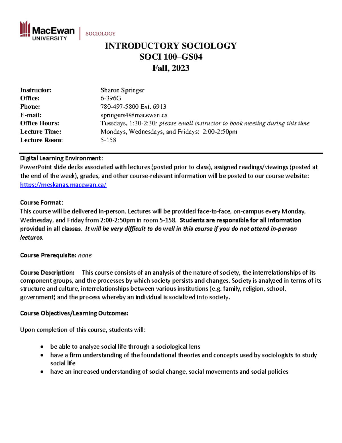 SOCI 100 Course Syllabus - INTRODUCTORY SOCIOLOGY SOCI 100 – GS Fall ...