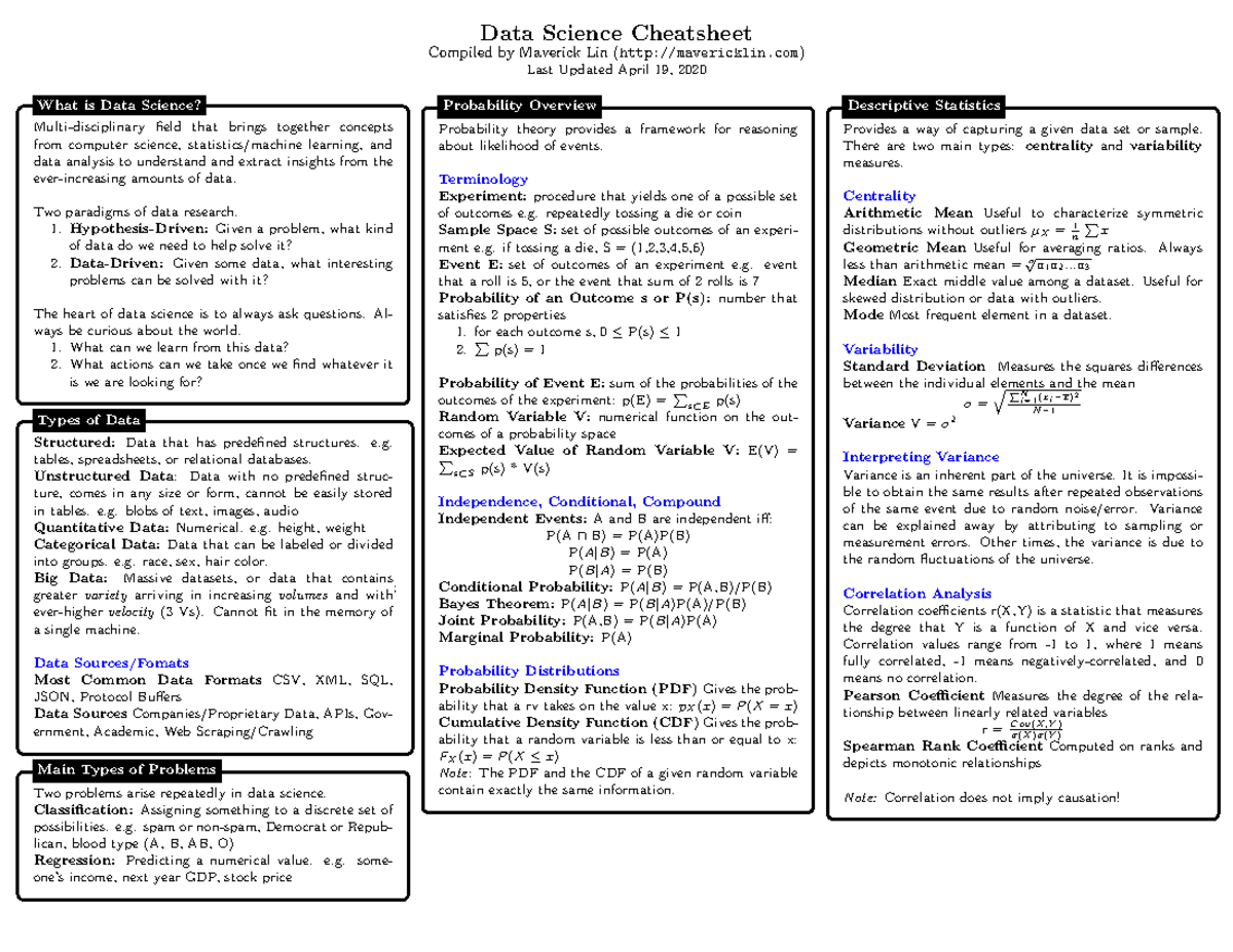 Data-science-cheatsheet - Data Science Cheatsheet Compiled by Maverick Lin (mavericklin) Last ...