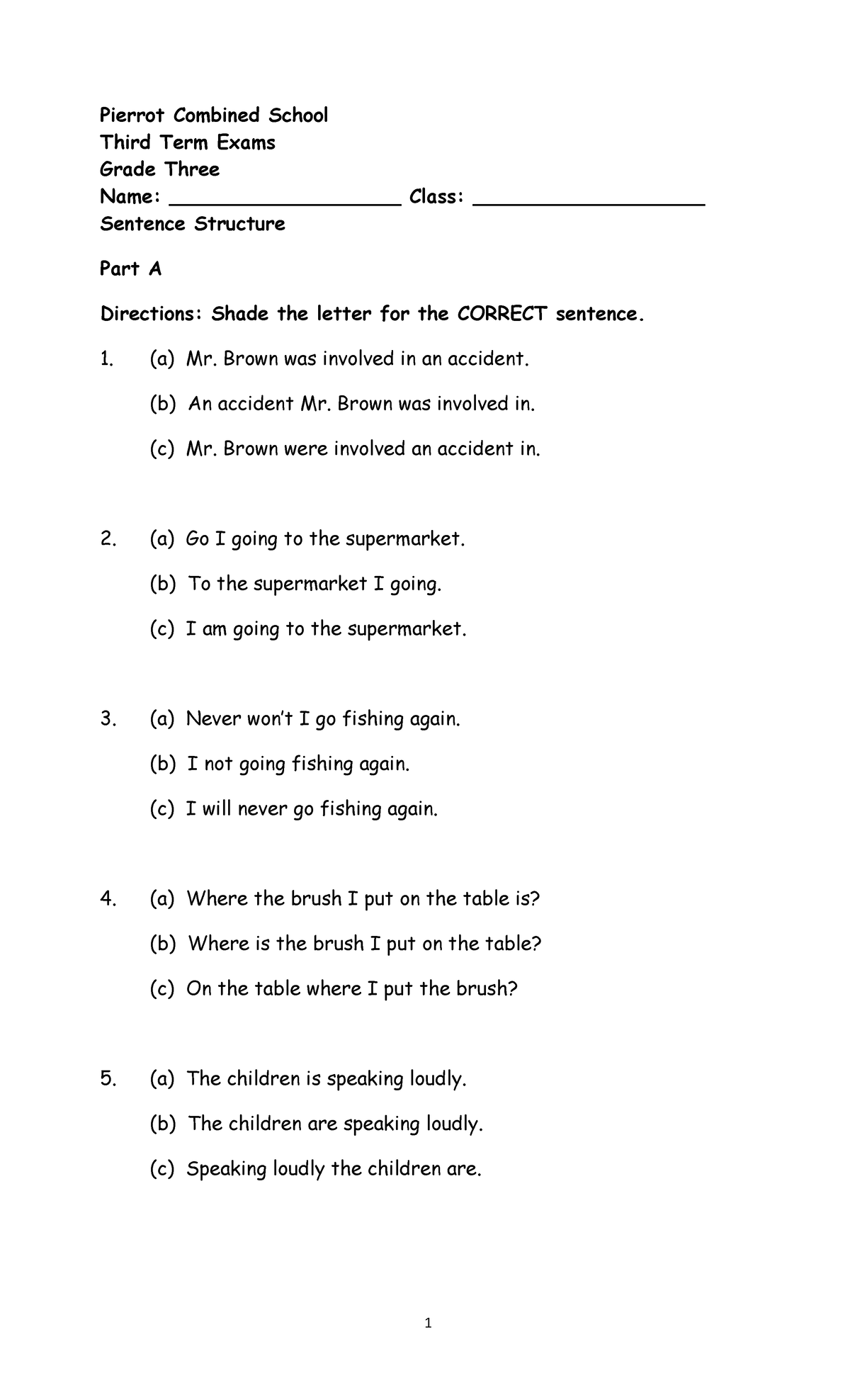 Sentence Structure Exam - Pierrot Combined School Third Term Exams ...