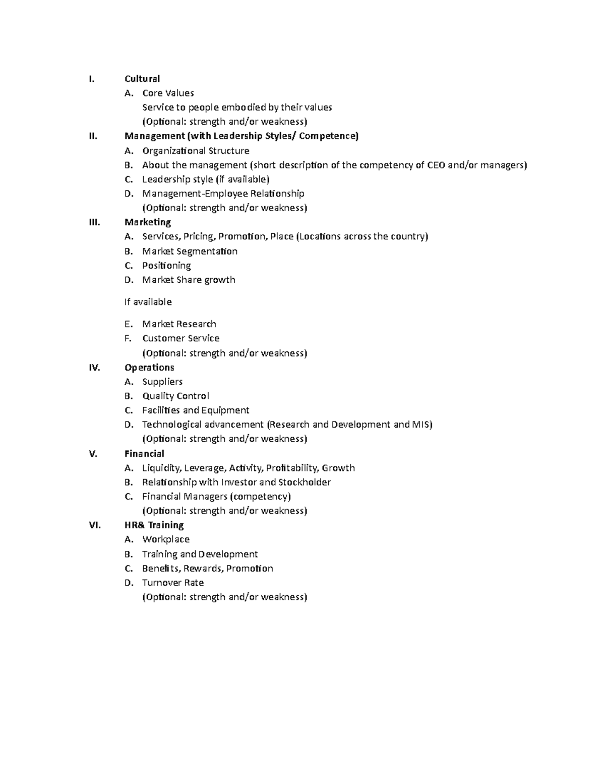 Cultural - I. Cultural A. Core Values Service to people embodied by ...