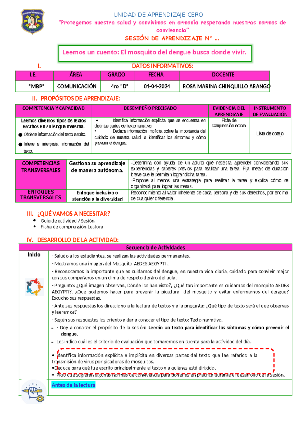 Sesión COM. Leemos Cuento EL Mosquito - Unidad CERO 01-04-24 - UNIDAD DE APRENDIZAJE CERO - Studocu
