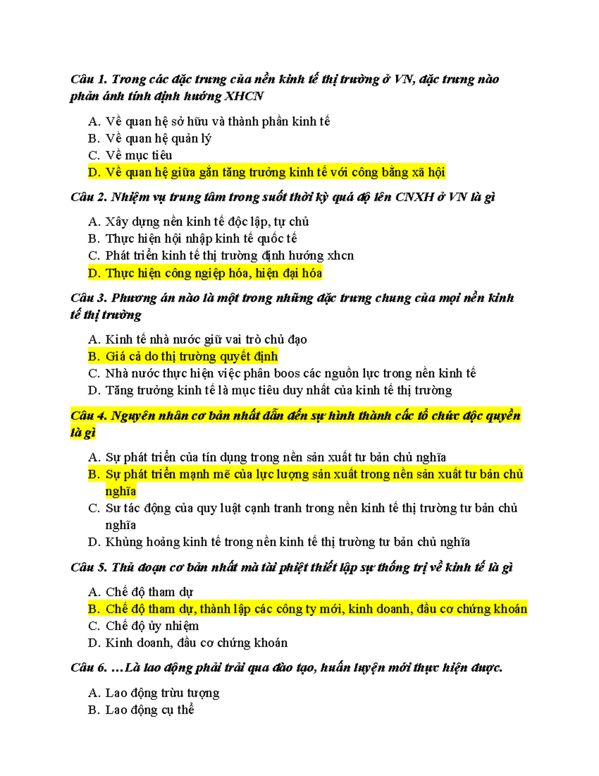 ĐC KTCT CK. A00 - KTCT - Câu 1. Trong các đặc trưng của nền kinh tế thị trường ở VN, đặc trưng ...