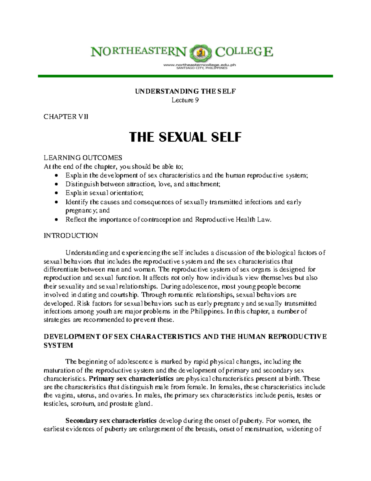 UTSlecture 9 - enjoy - UNDERSTANDING THE SELF Lecture 9 CHAPTER VII THE SEXUAL SELF LEARNING ...