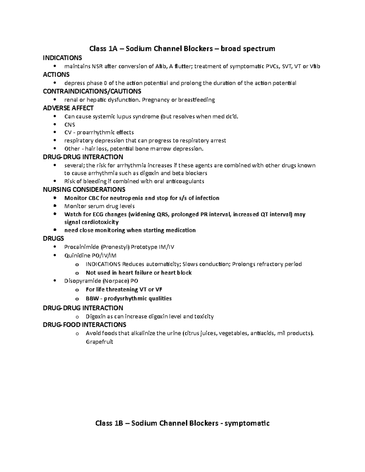 Pharm study guide - Class 1A – Sodium Channel Blockers – broad spectrum ...