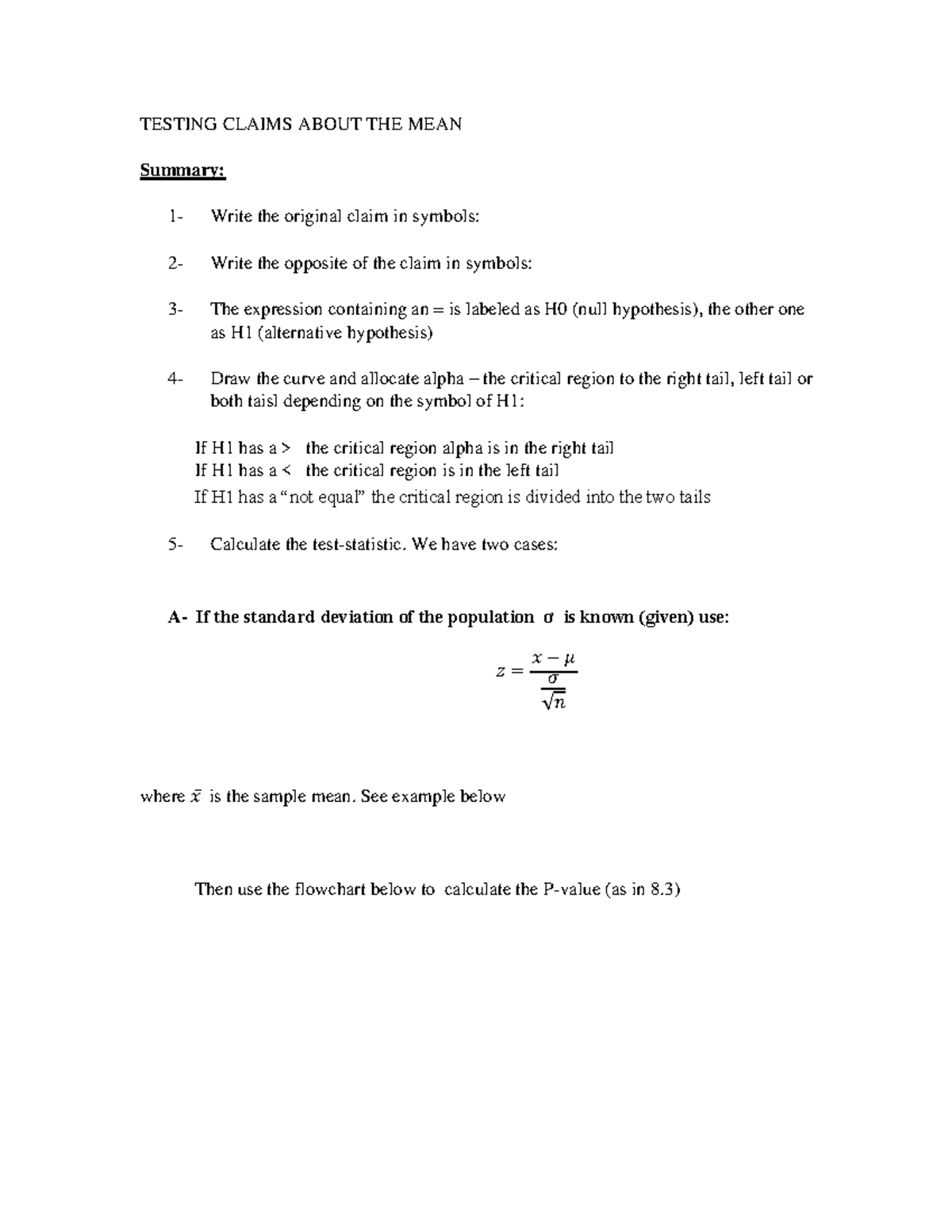 Testing clains about the mean - TESTING CLAIMS ABOUT THE MEAN Summary ...