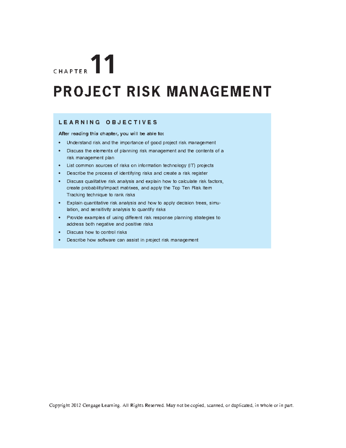 Schwalbe, IT Project Management 7e - Ch 11 (Risk) - CHAPTER 11 P R O J E C T R I S K M A N A G E ...