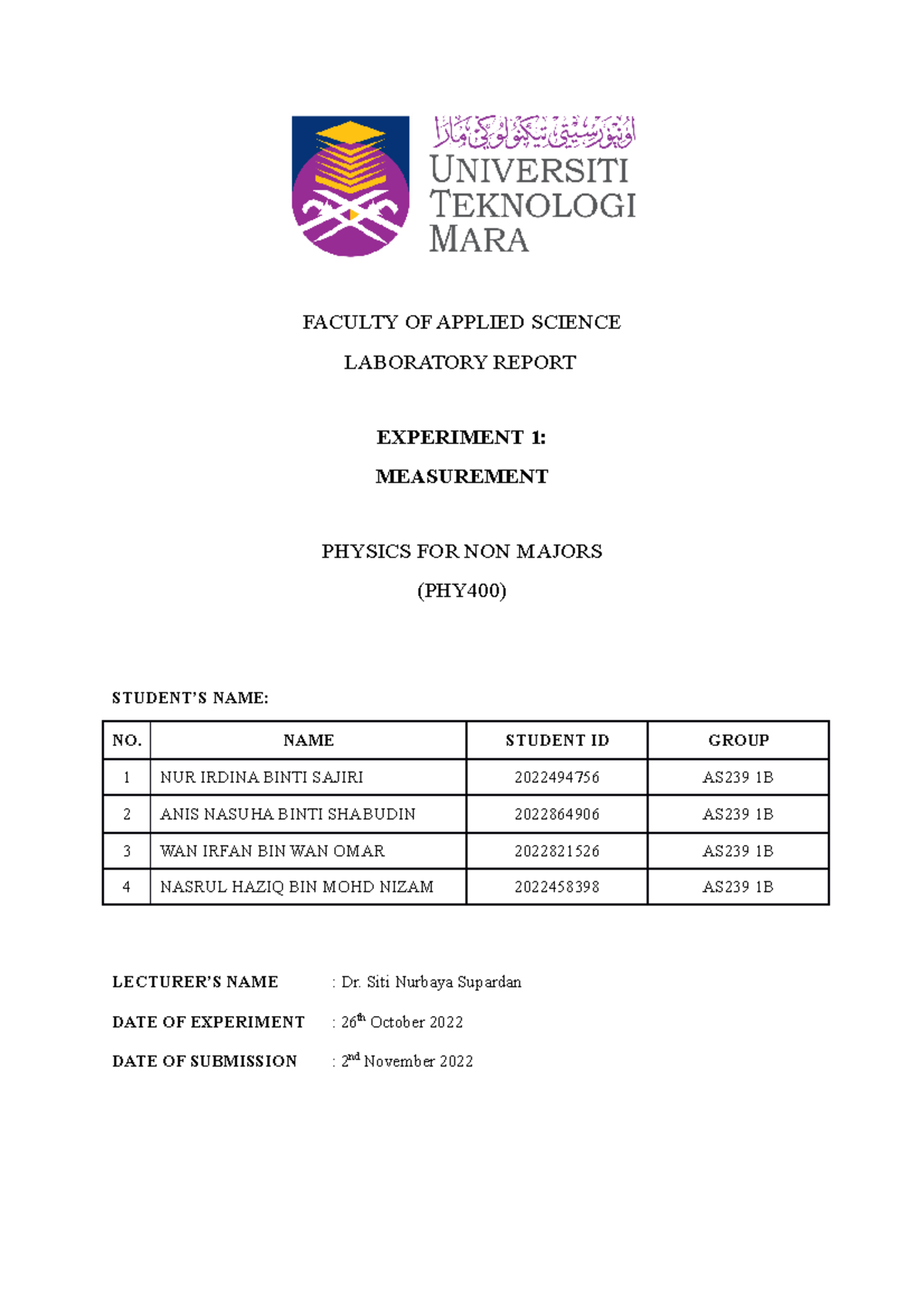 LAB Report Experiment 1 (PHY400) - FACULTY OF APPLIED SCIENCE ...