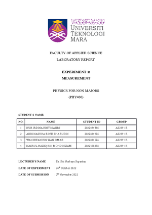 PHY400-LAB Report EXP 4 - FACULTY OF APPLIED SCIENCE PHYSICS FOR NON ...