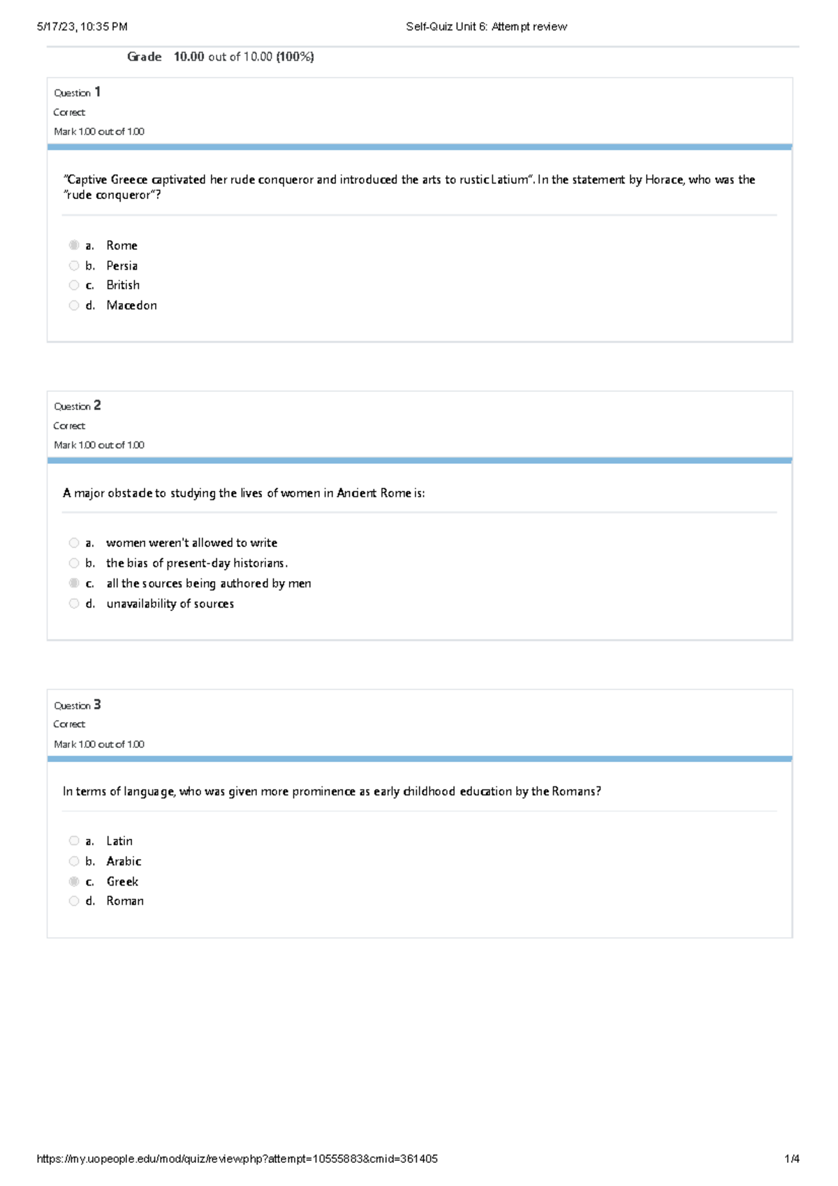 Hist 1421 Self Quiz Unit 6 Attempt Review Grade 10 Out Of 10 100 Question 1 Correct