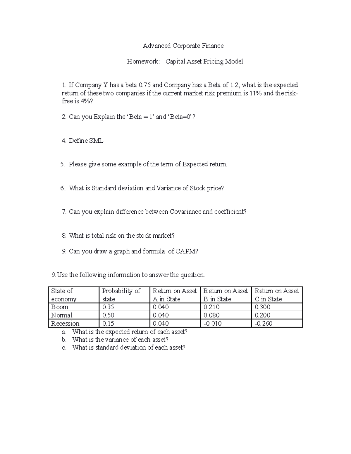 ACD-CAPM-H - Tasks - Advanced Corporate Finance Homework: Capital Asset ...