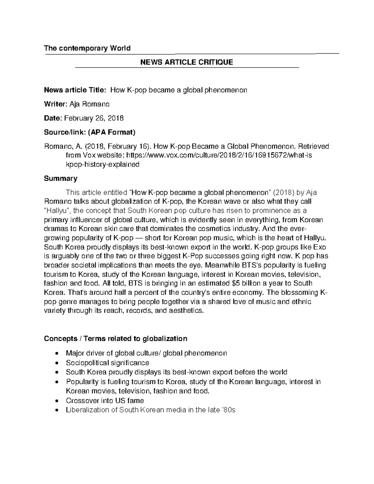 The contemporary World - News Article Critique 2 - The contemporary ...