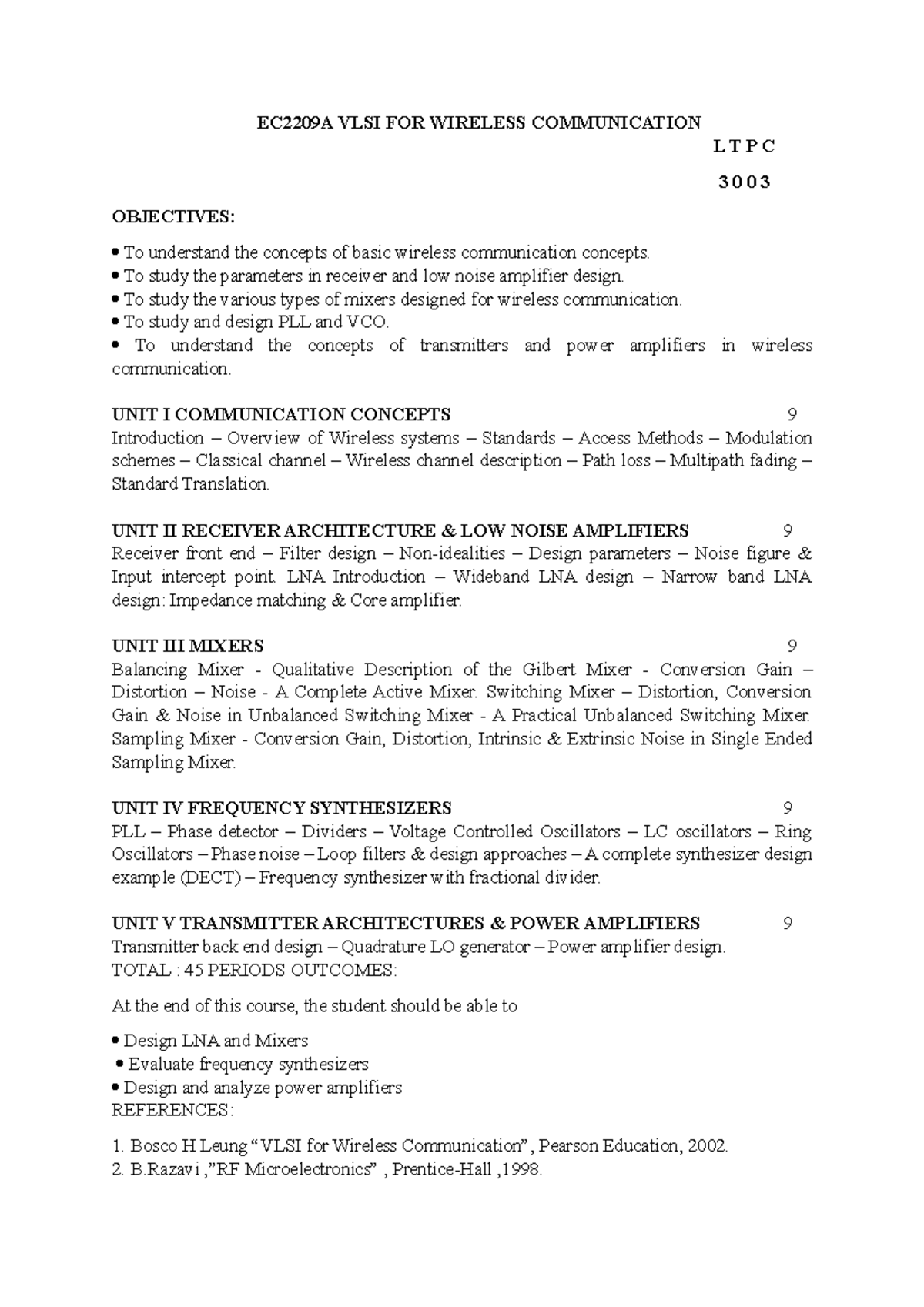 ME CS - EC2209A VLSI FOR WIRELESS COMMUNICATION L T P C 3 0 0 3 ...