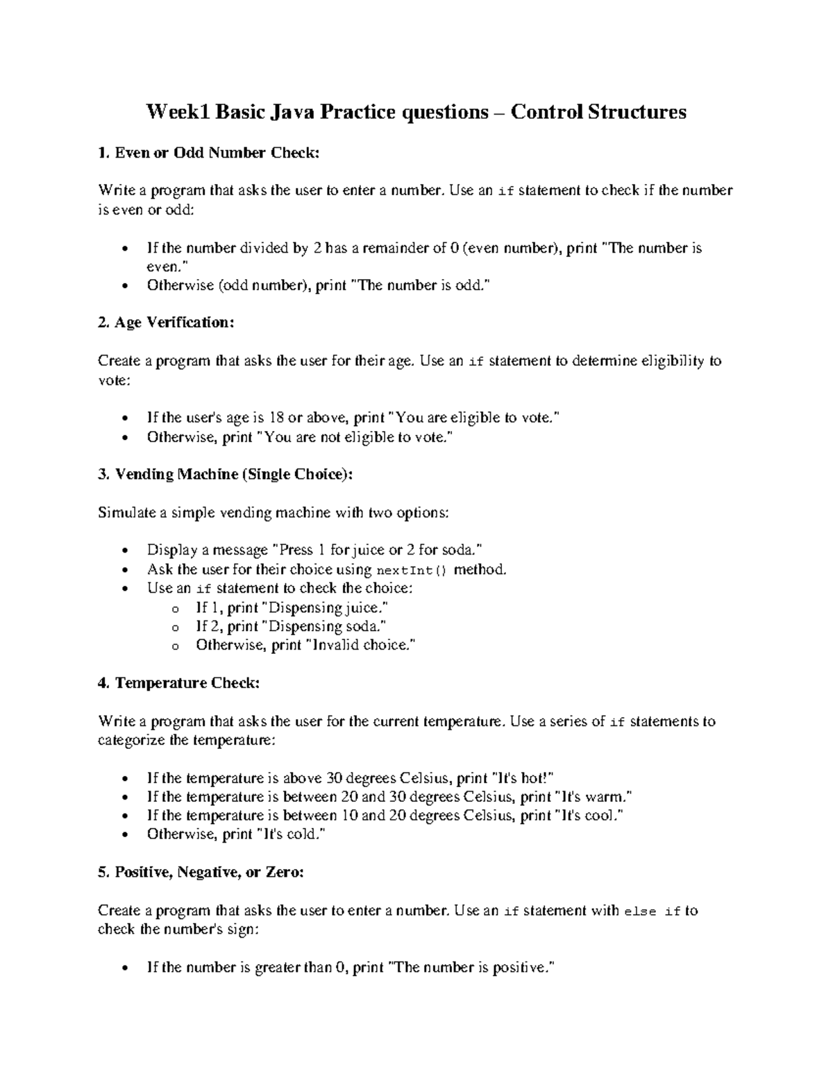 Week1 These Are Some Practice Questions Based On Java Week1 Basic Java Practice Questions