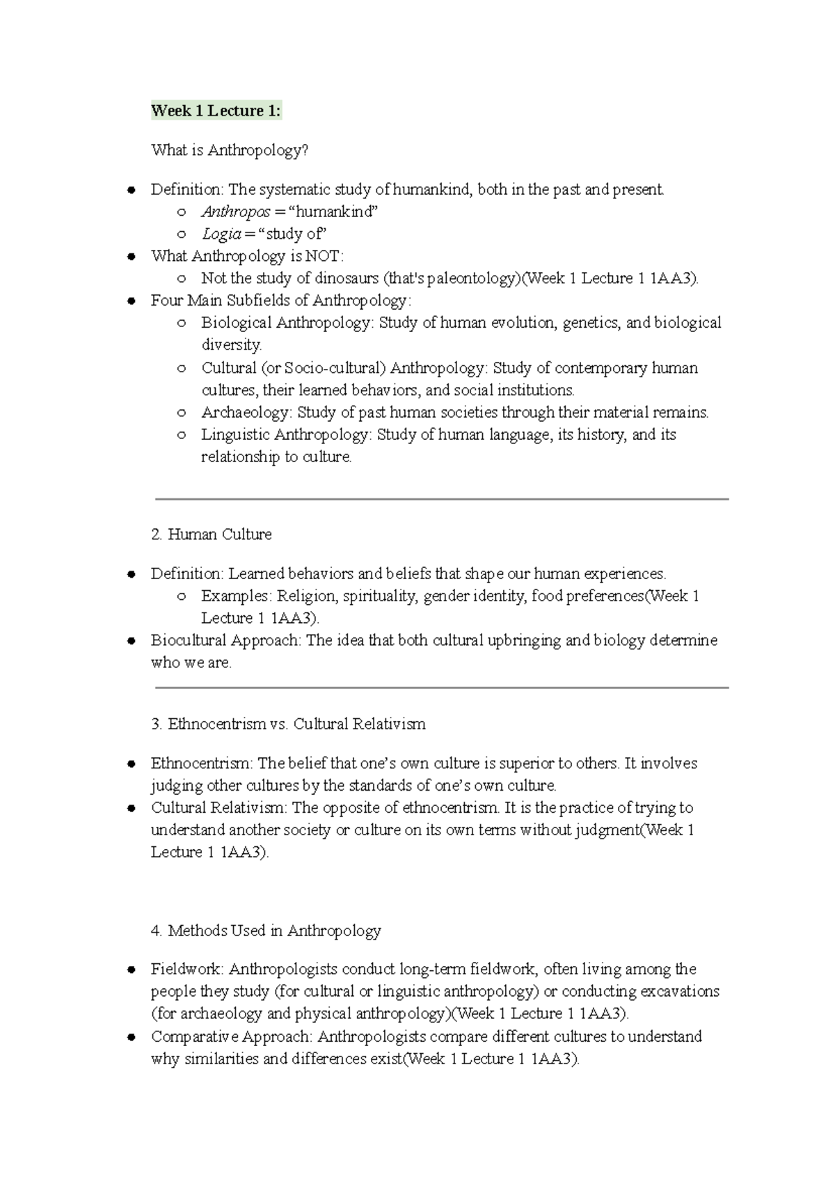 Anthro Lecture notes - Week 1 Lecture 1: What is Anthropology ...