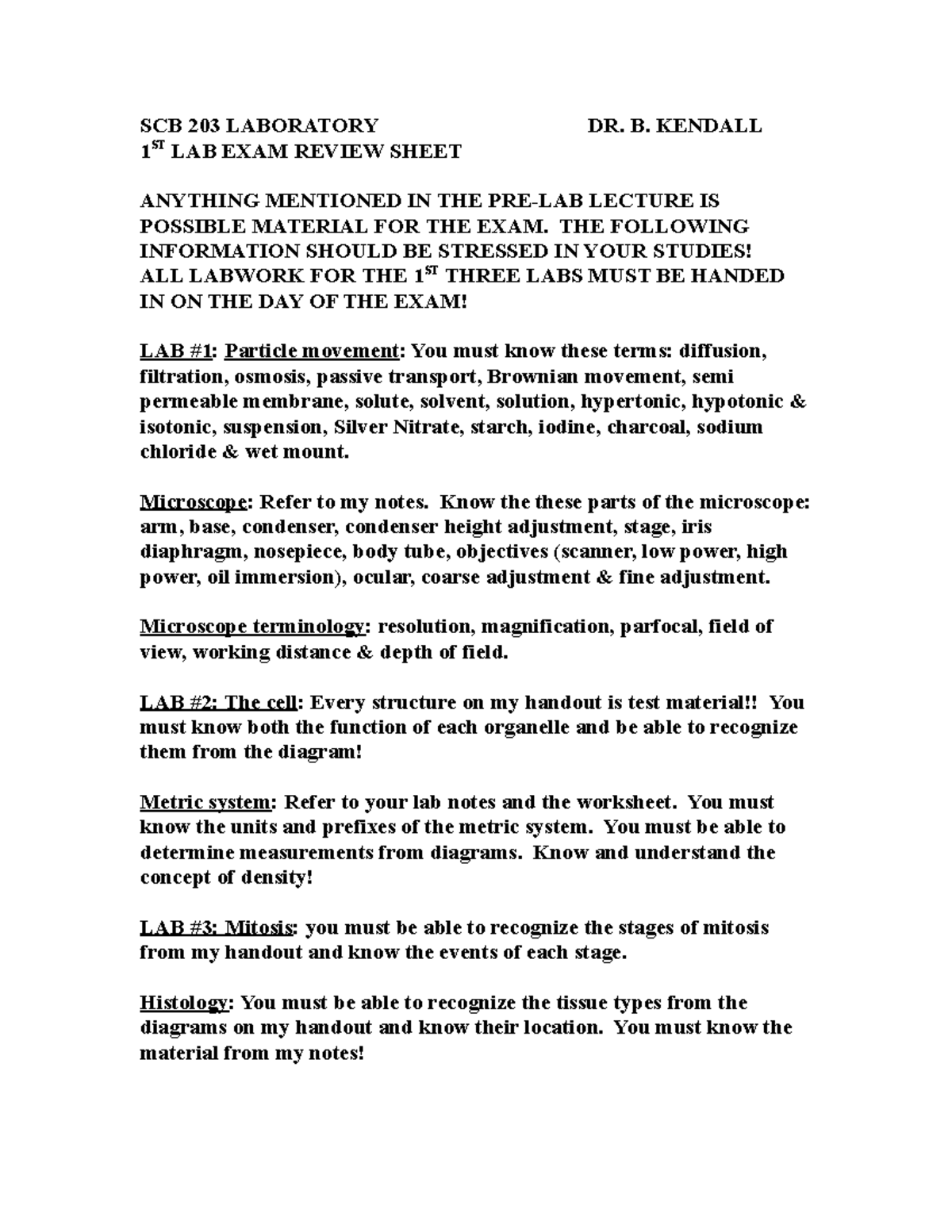 SCB 203 Lab 3 1st Exam Review - SCB 203 LABORATORY DR. B. KENDALL 1 ST LAB EXAM REVIEW SHEET ...
