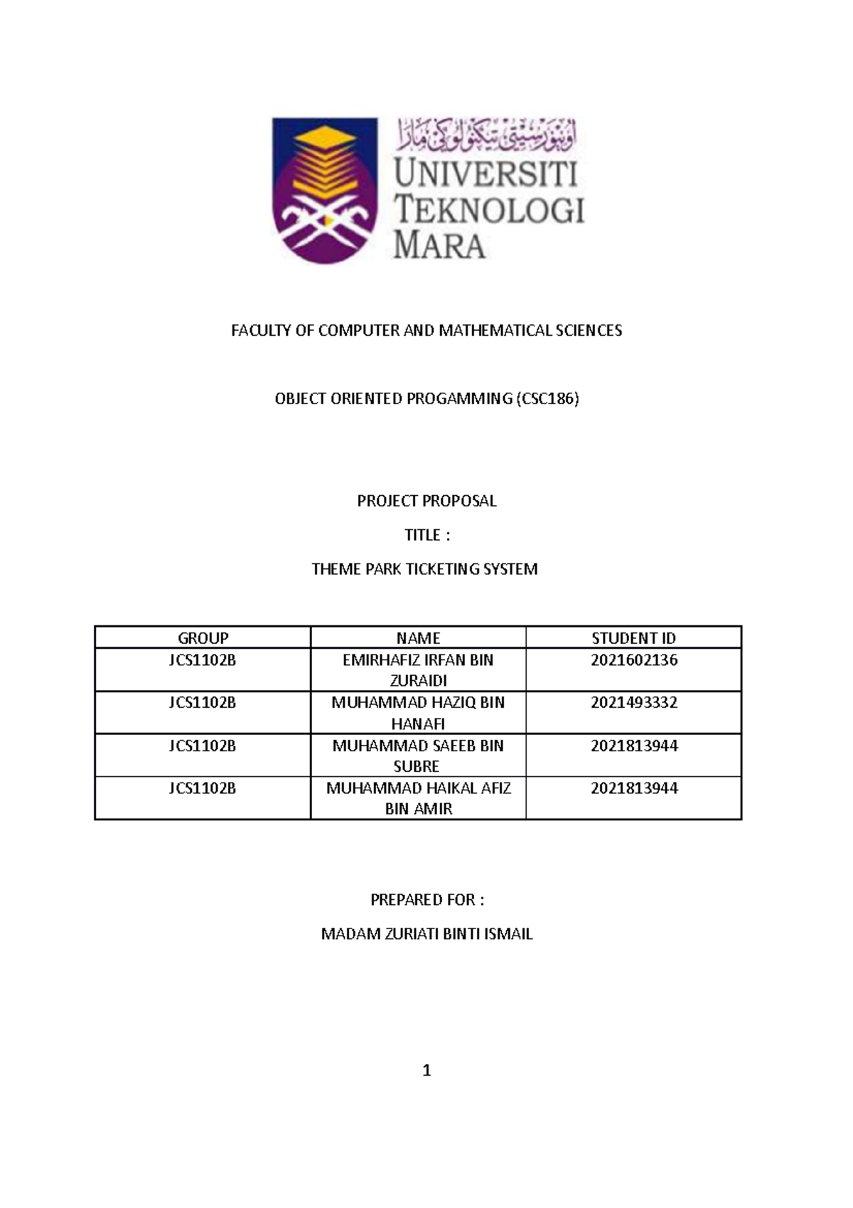 CSC186 Project Proposal - FACULTY OF COMPUTER AND MATHEMATICAL SCIENCES OBJECT ORIENTED ...