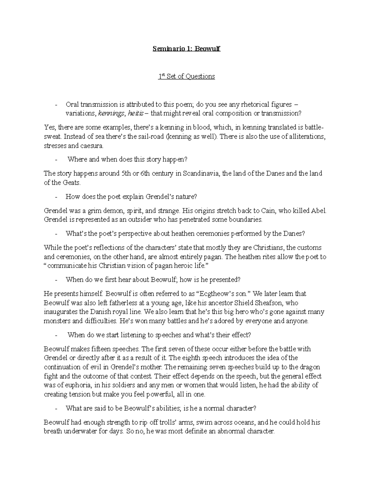 Seminario Beowulf - Seminario 1: Beowulf 1st Set of Questions - Oral ...