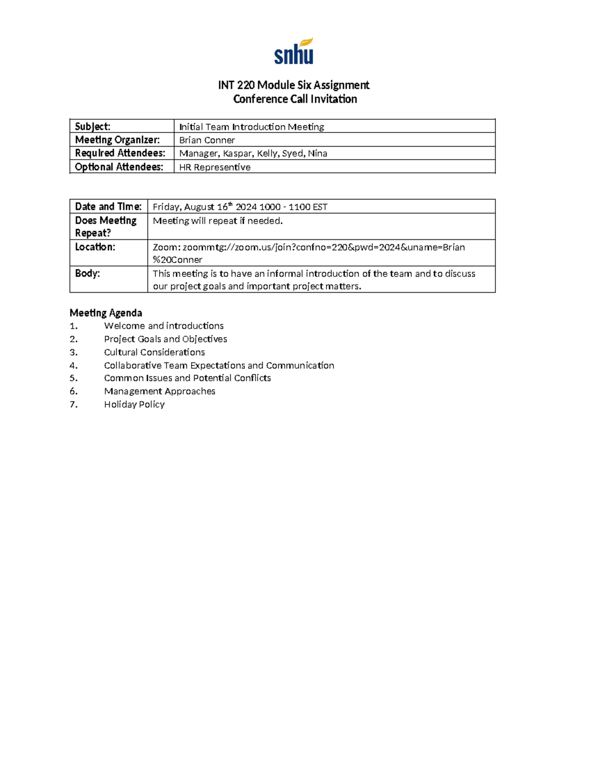INT 220 Conference Call Invitation - INT 220 Module Six Assignment ...