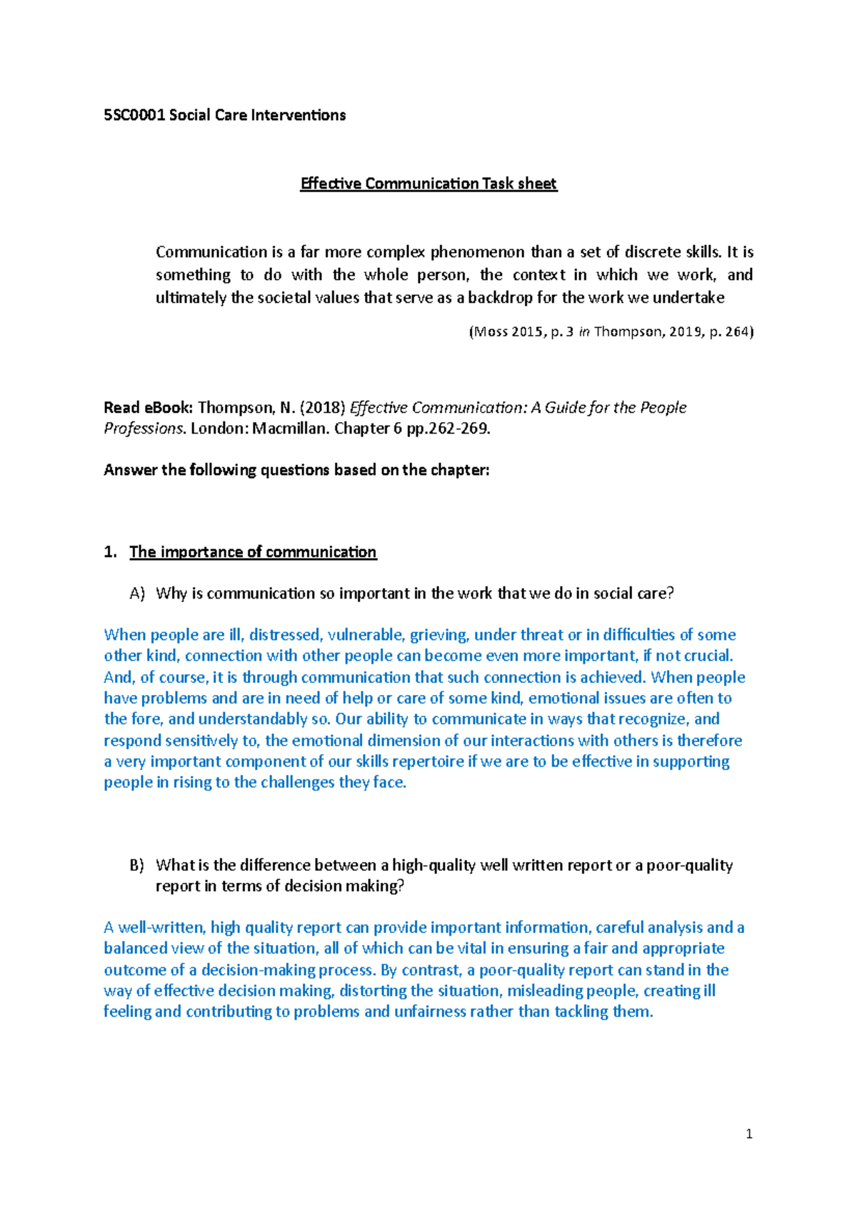 Effective Communication Worksheet Answers - 5SC0001 Social Care ...