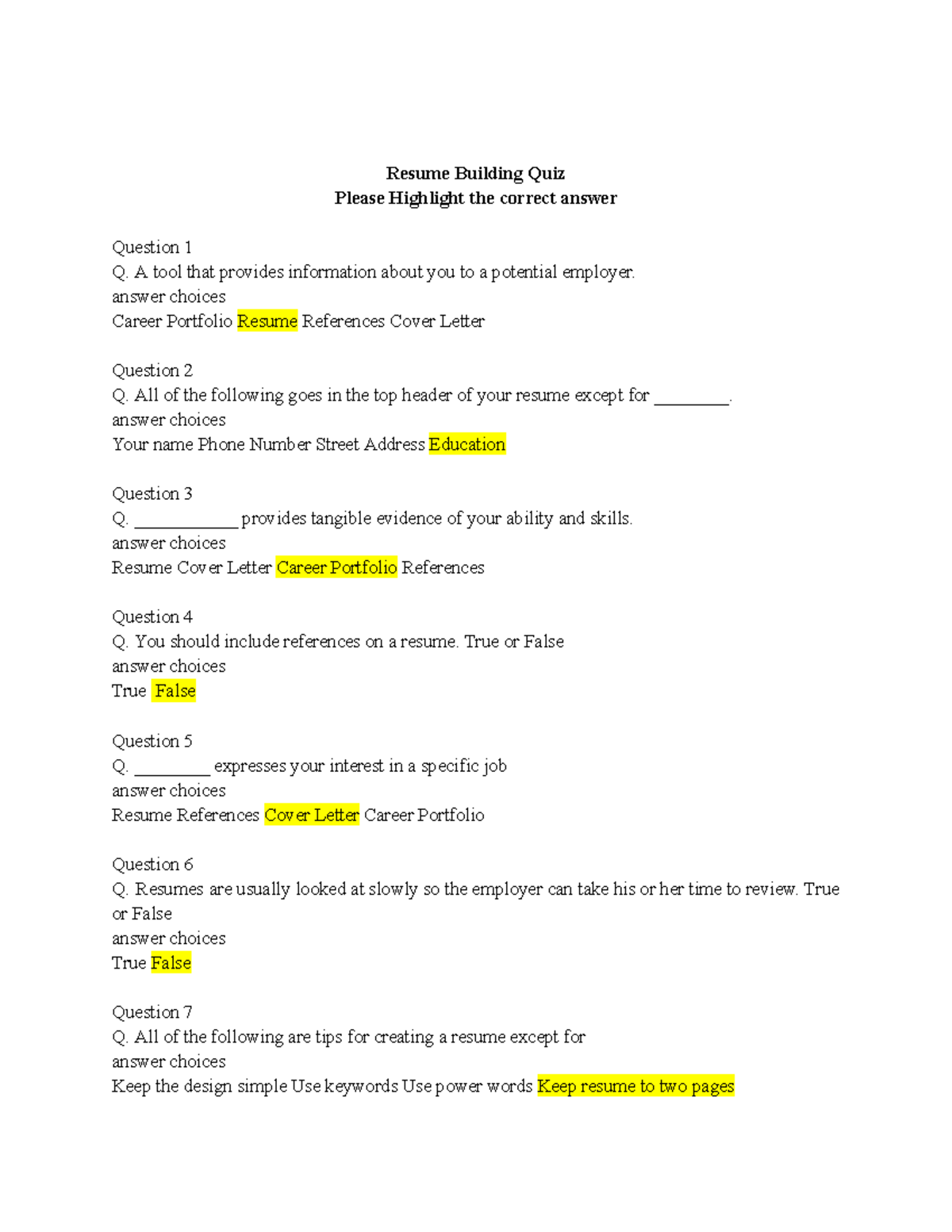 Resume Building Quiz - assignment - Resume Building Quiz Please ...
