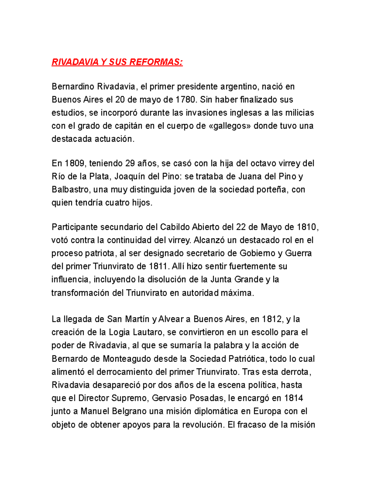 Rivadavia Y SUS Reformas - RIVADAVIA Y SUS REFORMAS: Bernardino ...