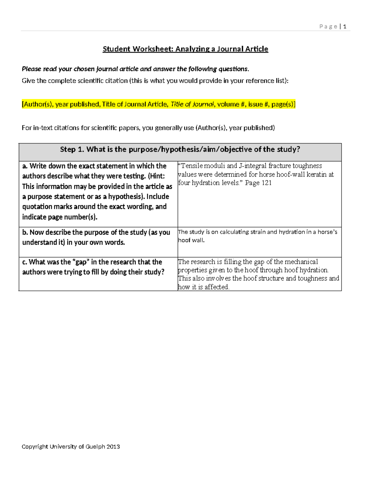 Scholarly Article Worksheet - Student Worksheet: Analyzing a Journal ...