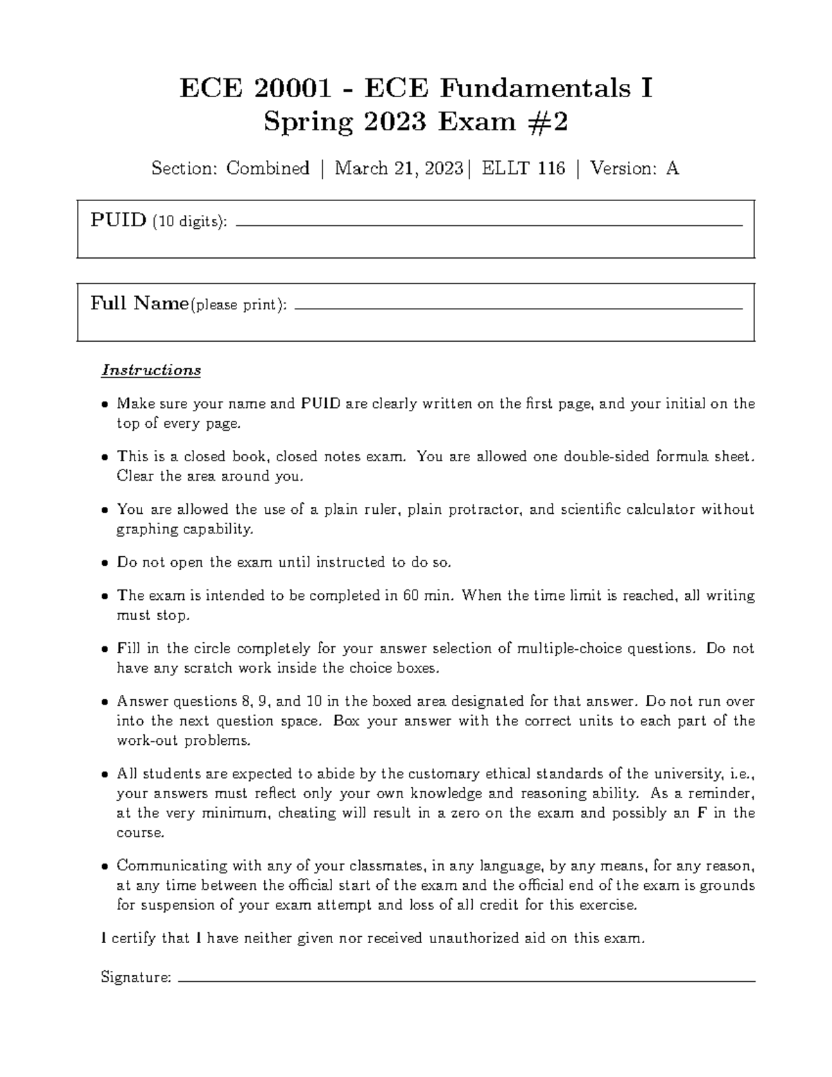 ECE2000 1 Spring 23 Exam2 VA - ECE 20001 - ECE Fundamentals I Spring ...