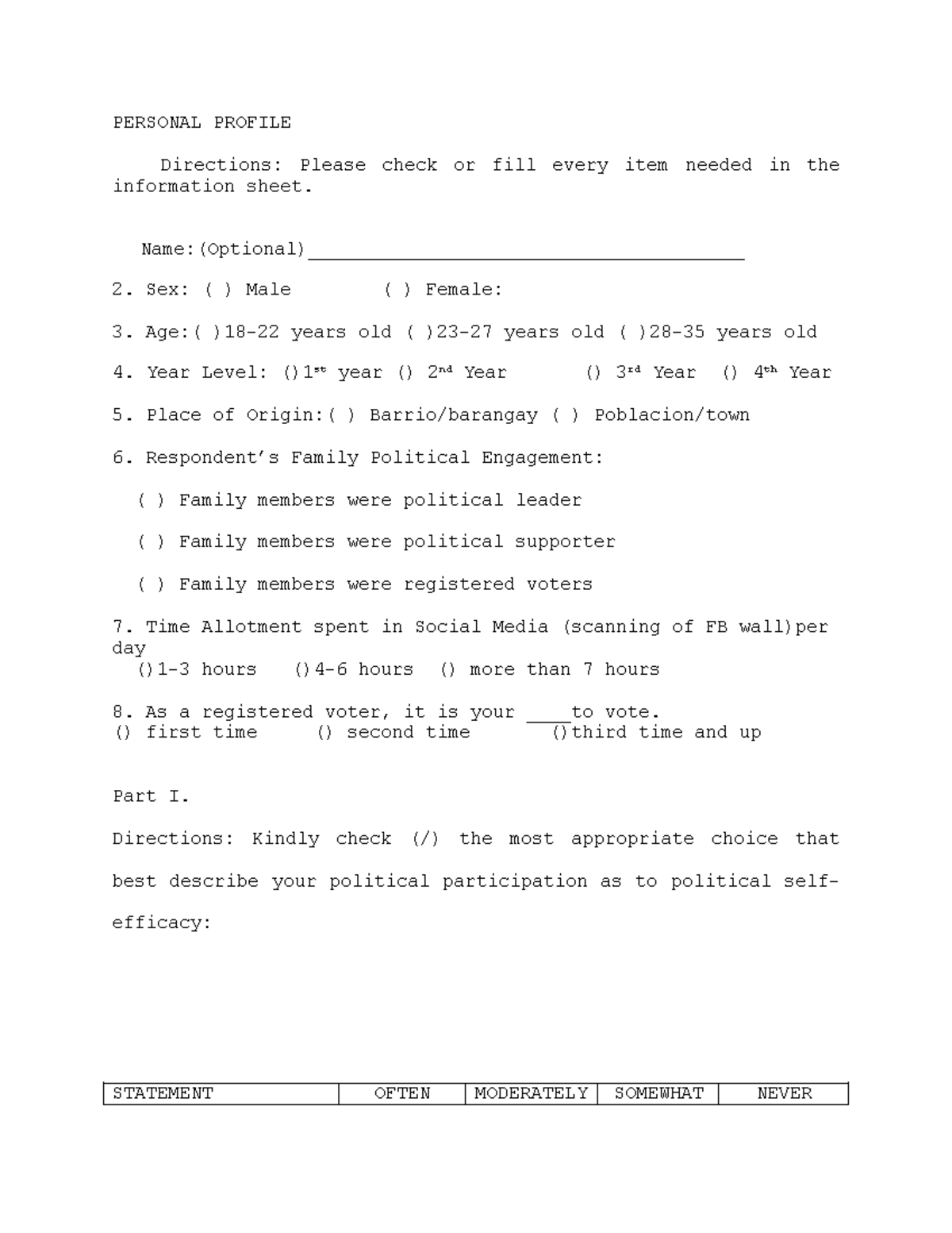 Final questionaire - research - PERSONAL PROFILE Directions: Please ...