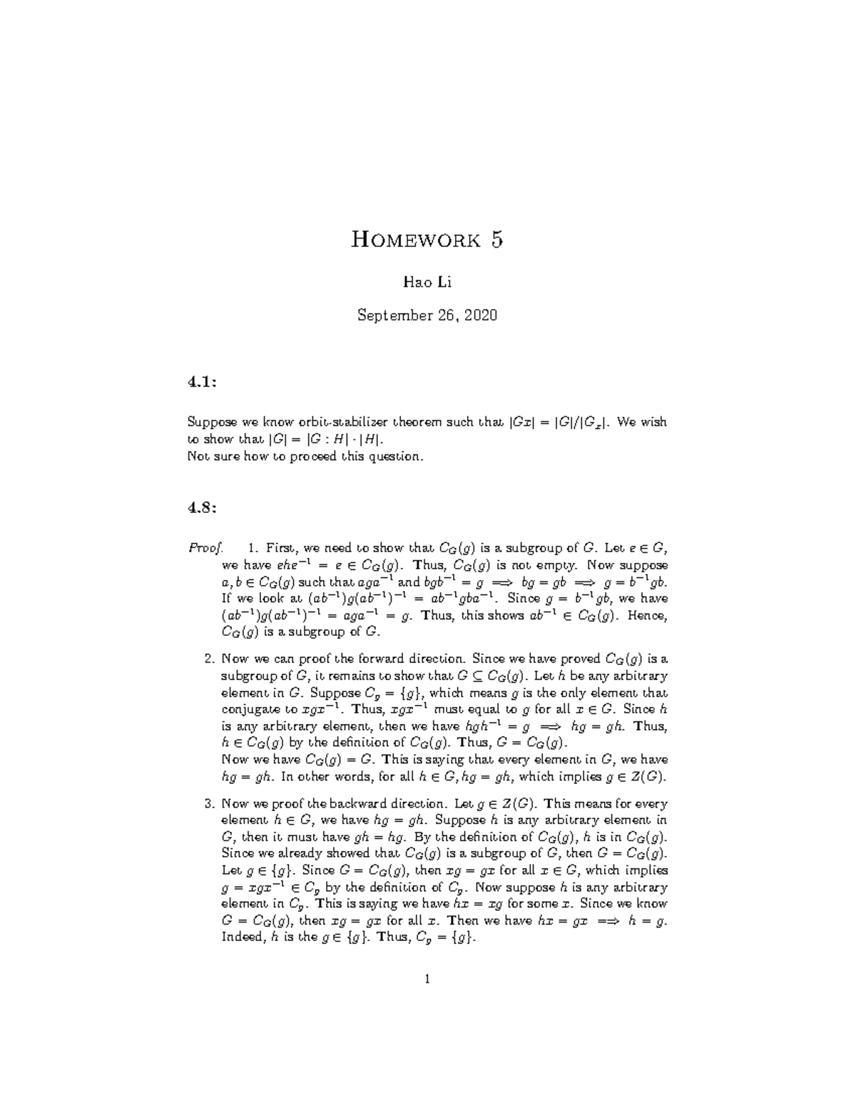 HW 5 - hw5 for MATH 321 2019-2022 academic year - Homework 5 Hao Li September 26, 2020 4 ...