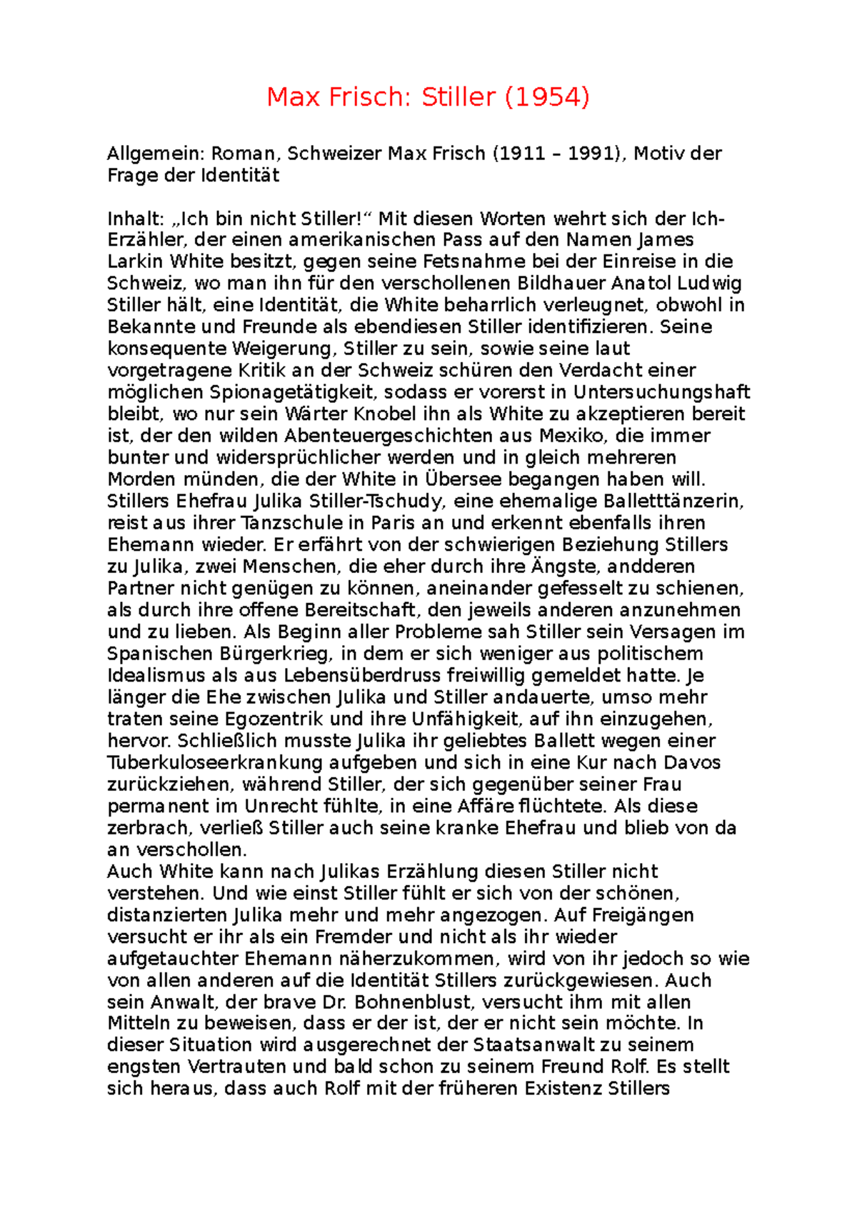 Max Frisch - Stiller - Max Frisch: Stiller (1954) Allgemein: Roman ...