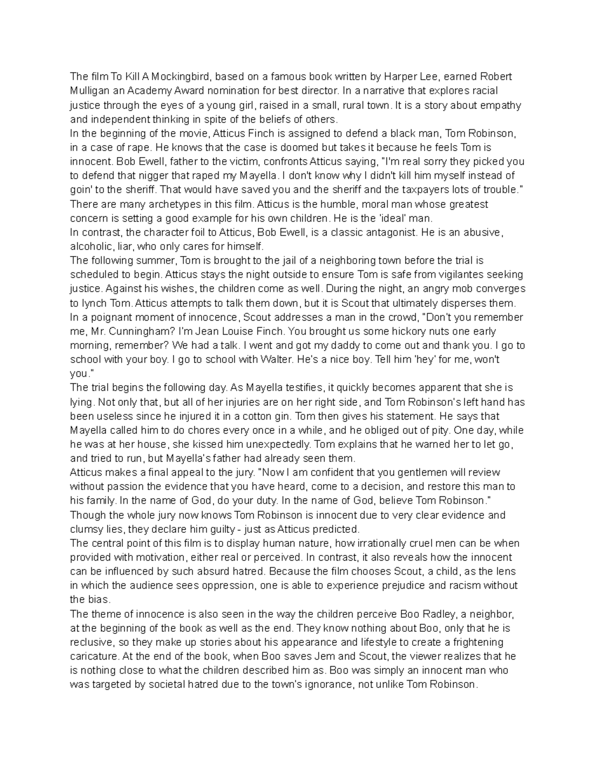 Phil essay #5 - The film To Kill A Mockingbird, based on a famous book ...