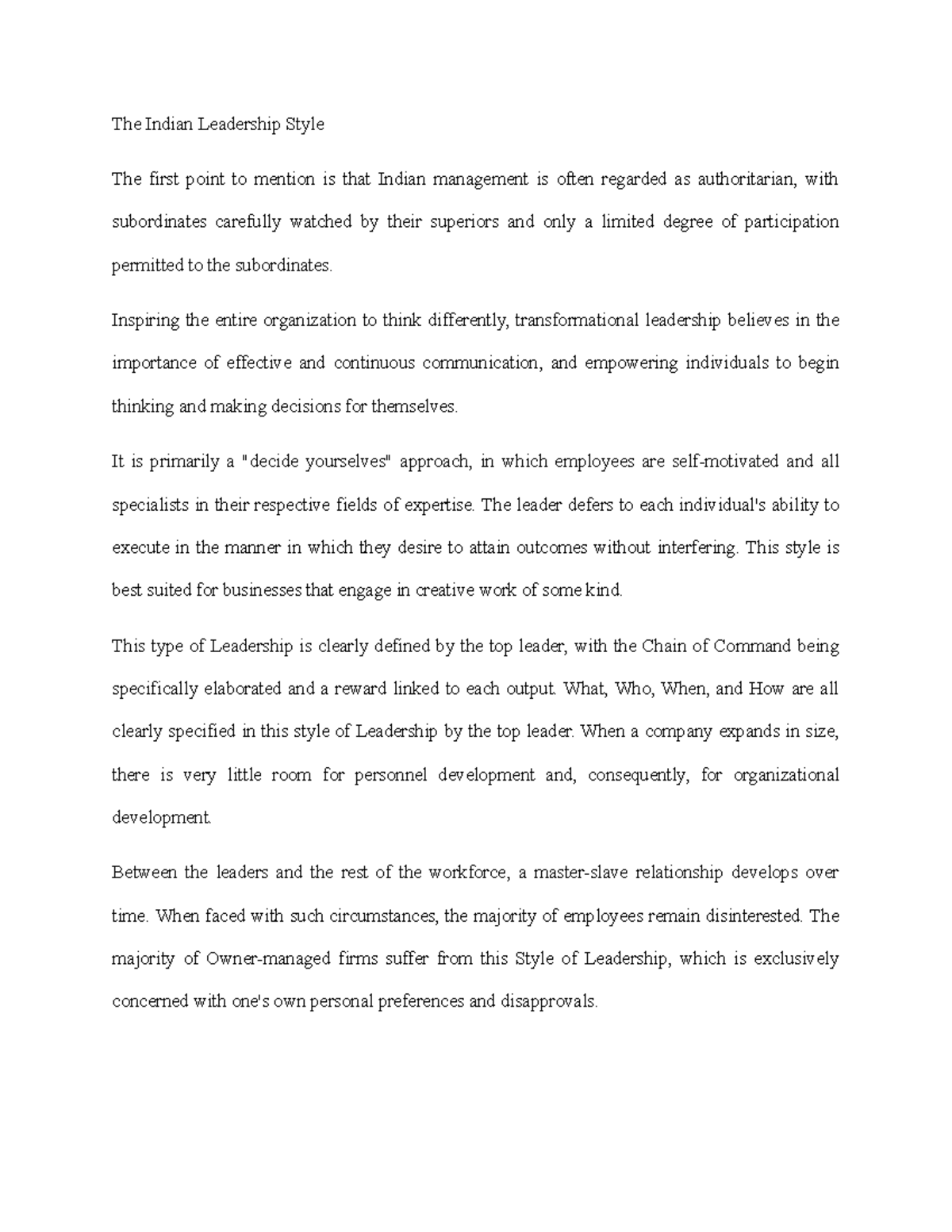 Answer 1 - proc - The Indian Leadership Style The first point to ...