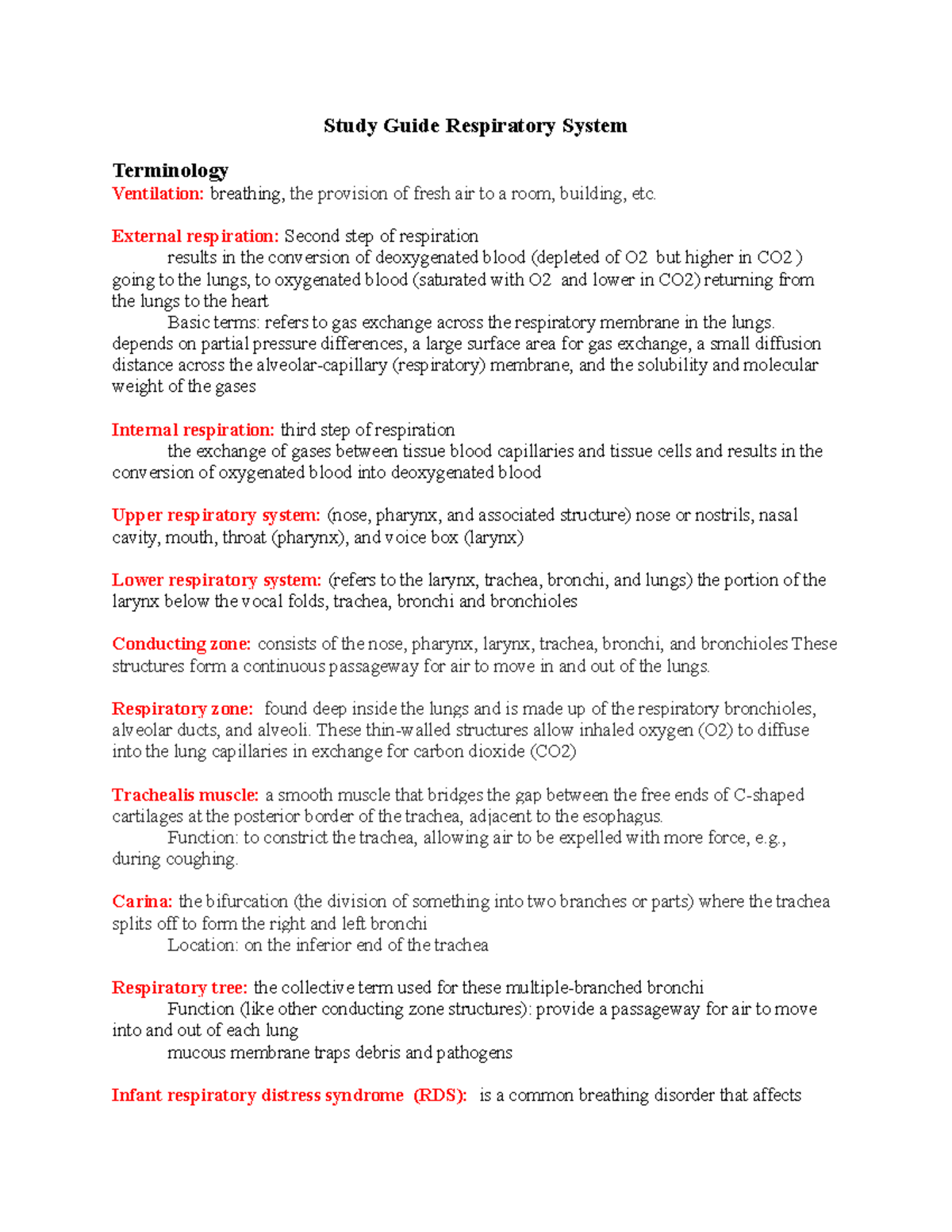 Anatomy Exam 4 study guide - Study Guide Respiratory System Terminology ...