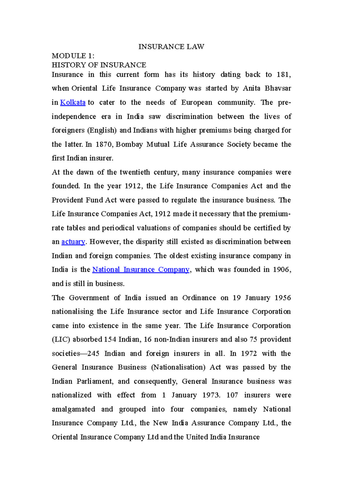 Insurance LAW2 - Lecture notes 7 - INSURANCE LAW MODULE 1: HISTORY OF ...