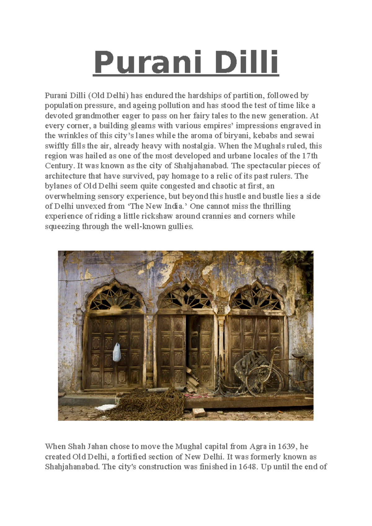 Purani Dilli - Purani Dilli Purani Dilli (Old Delhi) has endured the ...