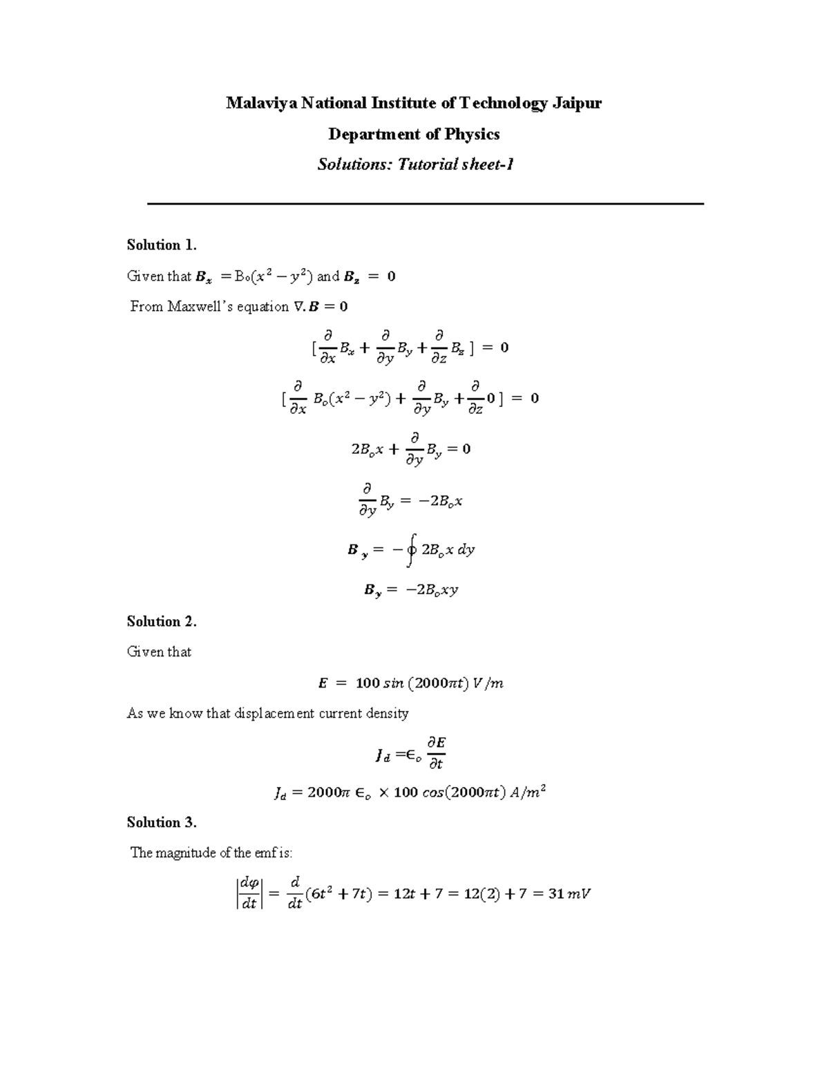 Tutorial sheet-6-Solutions - Malaviya National Institute of Technology Jaipur Department of ...